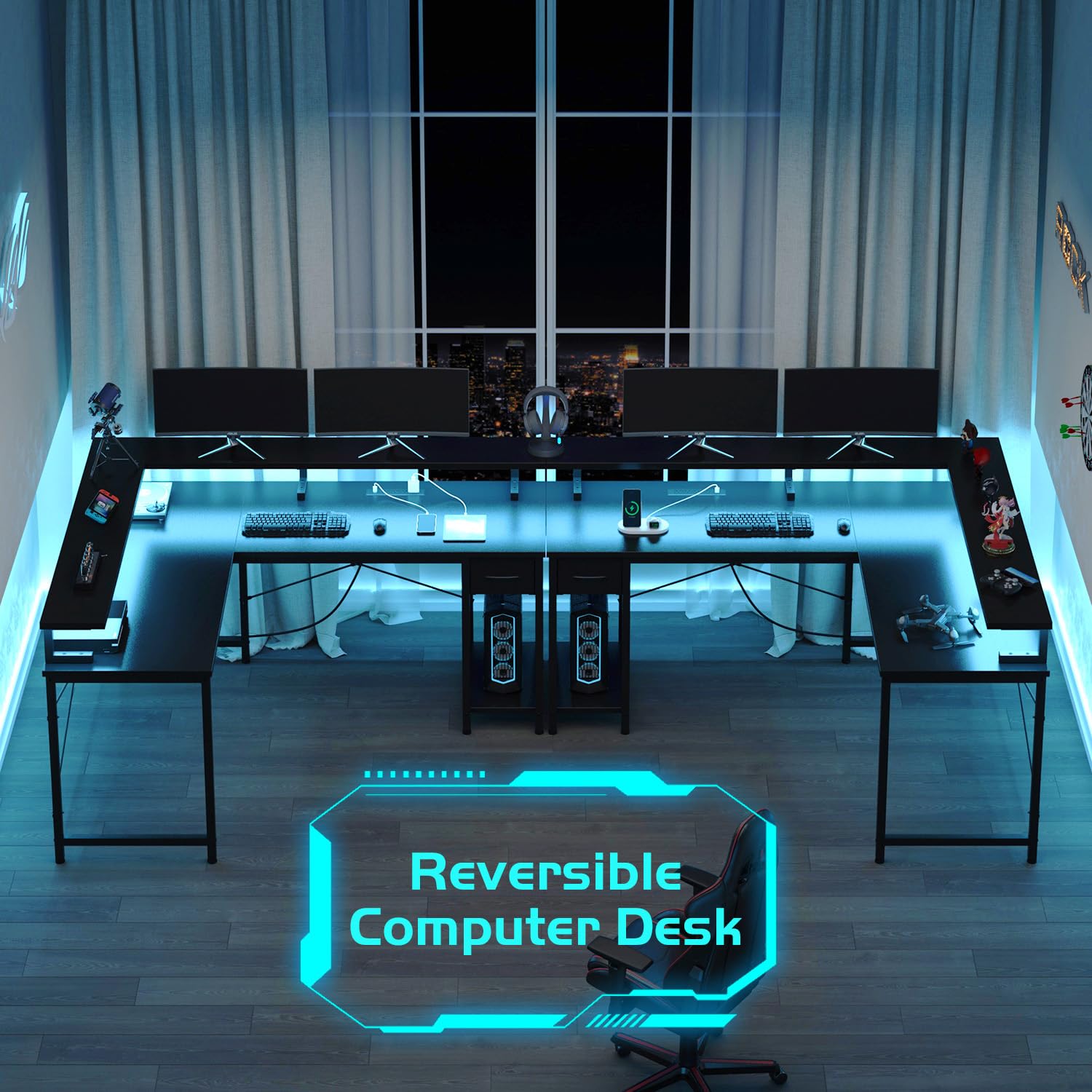 RAGIFEN L Shaped Desk with Power Outlets & LED Strips, L Shaped Computer Desk with Drawers, Gaming Computer Desk with Monitor Stands Home Office Desk with CPU Stand, Easy to Assemble, Black