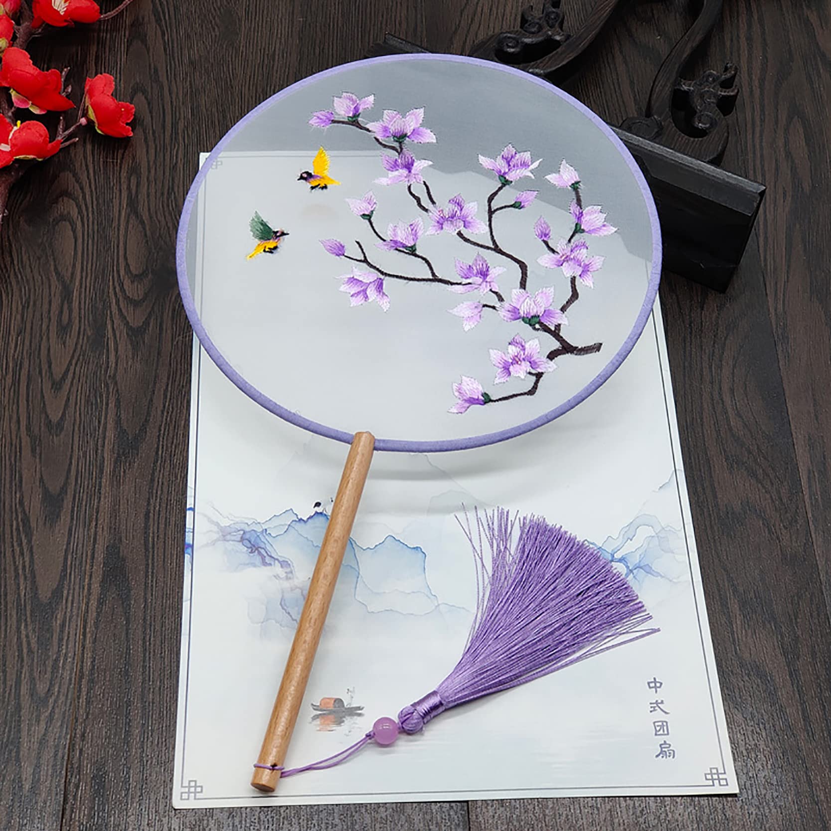 YUELAI Translucent Silk Embroidered Hand Held Fan, Chinese Round Fan, Ancient Hand Fan,Traditional Palace Paddle Dance Fan, Vintage Double-Sided Embroidery Fan