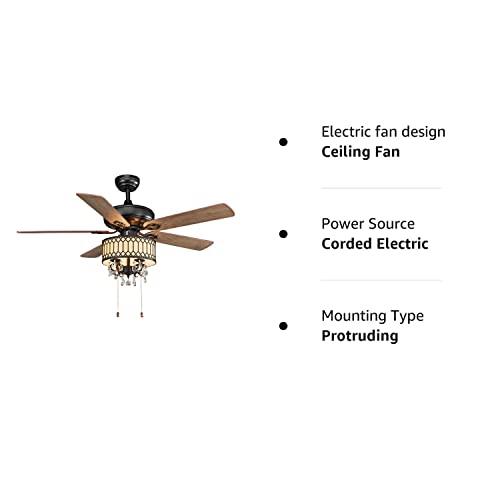Tangkula 52" Crystal Ceiling Fan with Lights, Classical Crystal Ceiling Fan with Pull Chain Control, Elegant Modern Ceiling Fans with Chandeliers 5 Iron Reversible Blades, Mute Motor (Black)