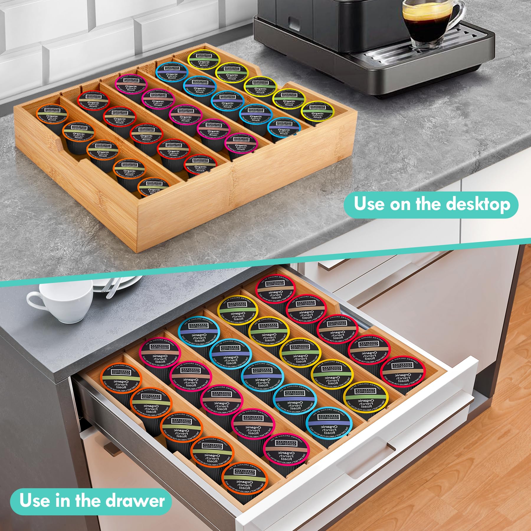 TRUSBER Bamboo K Cup Holder for Counter, Coffee Pod Drawer Organizer Compatible with Nespresso Vertuo Capsules, 25-36 K Cup Drawer Organizer for Coffee Station Home and Office K Cup Storage