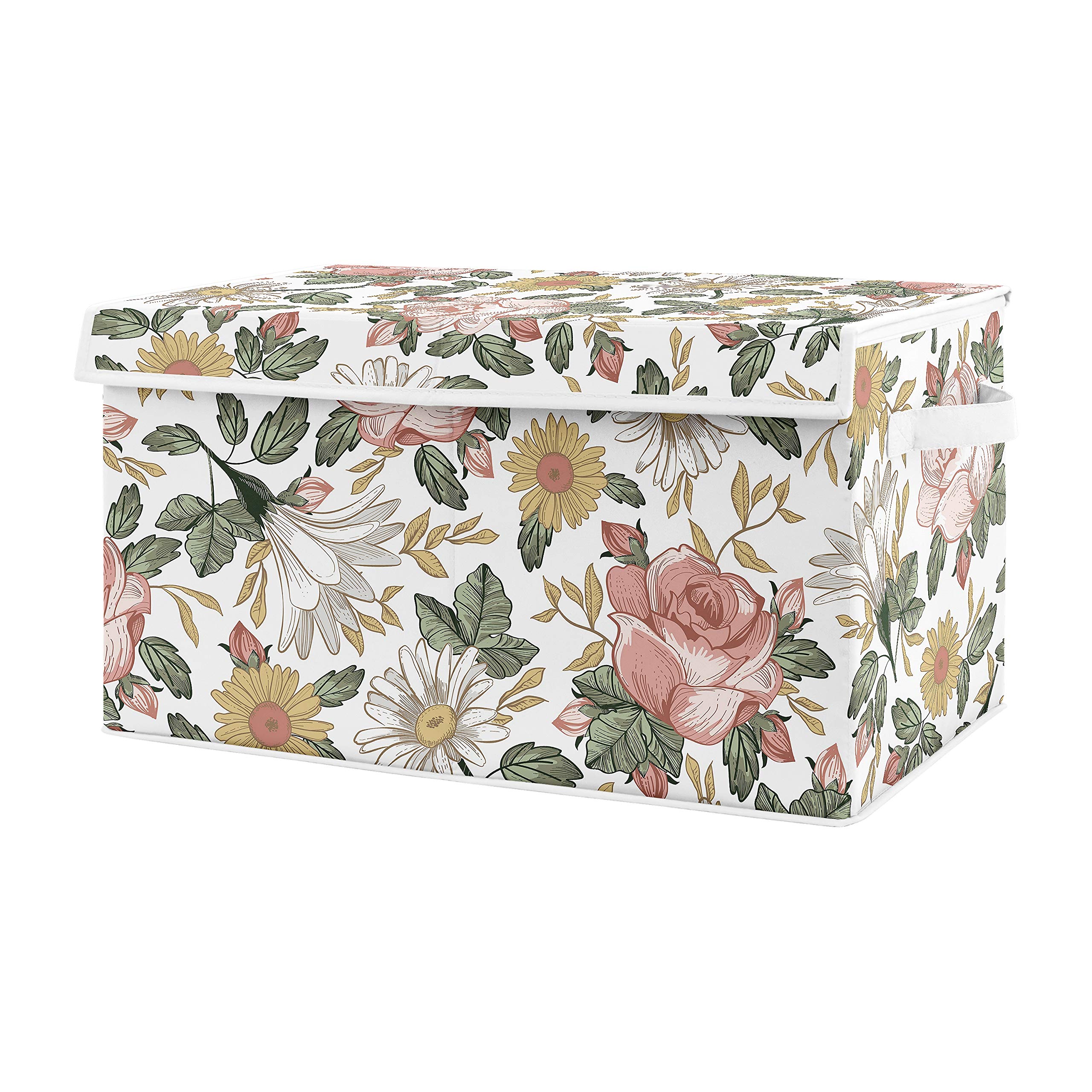 Sweet Jojo Designs Vintage Floral Boho Girl Small Fabric Toy Bin Storage Box Chest For Baby Nursery or Kids Room - Blush Pink, Yellow and Green Shabby Chic Rose Flower Farmhouse