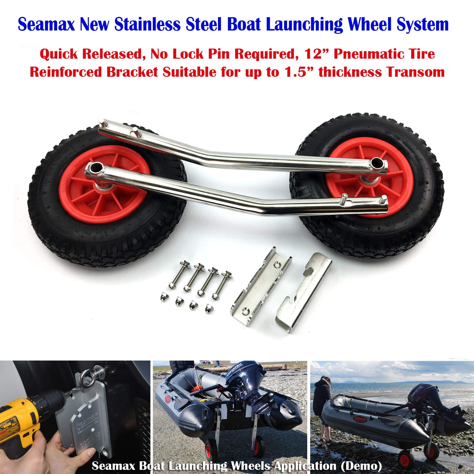 Seamax Stainless Steel Transom Launching Dolly with 12 Inches Wheels for Inflatable Boat and Aluminum Boat