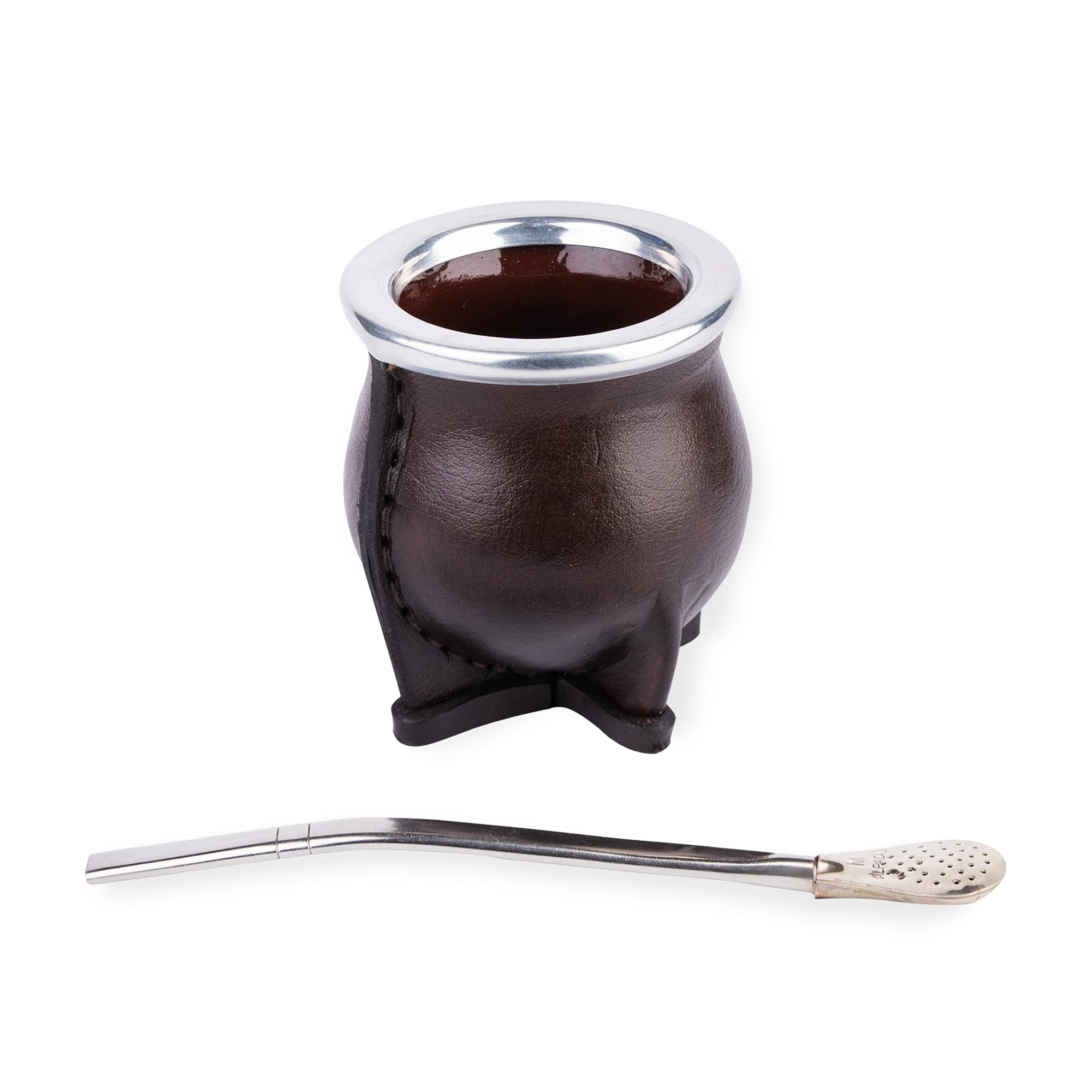 thebmate [Camionero Mate Premium Set Yerba Mate Cup - Crafted Ceramic Teacup - Leather Wrapped Handmade in Uruguay - Set Mate Camionero, German Silver Bombilla Straw, Cleaning Brush (Dark Brown)