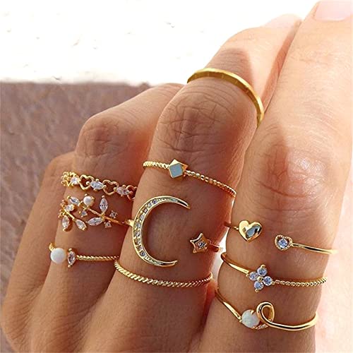 ZZ ZINFANDEL 9-10pcs Bohemian Knuckle Stacking Rings, Women Multiple Stackable Rhinestone Pearl Flowers Joint Finger Rings Dainty Stack Gold Midi Rings Set (adjustable) (D)