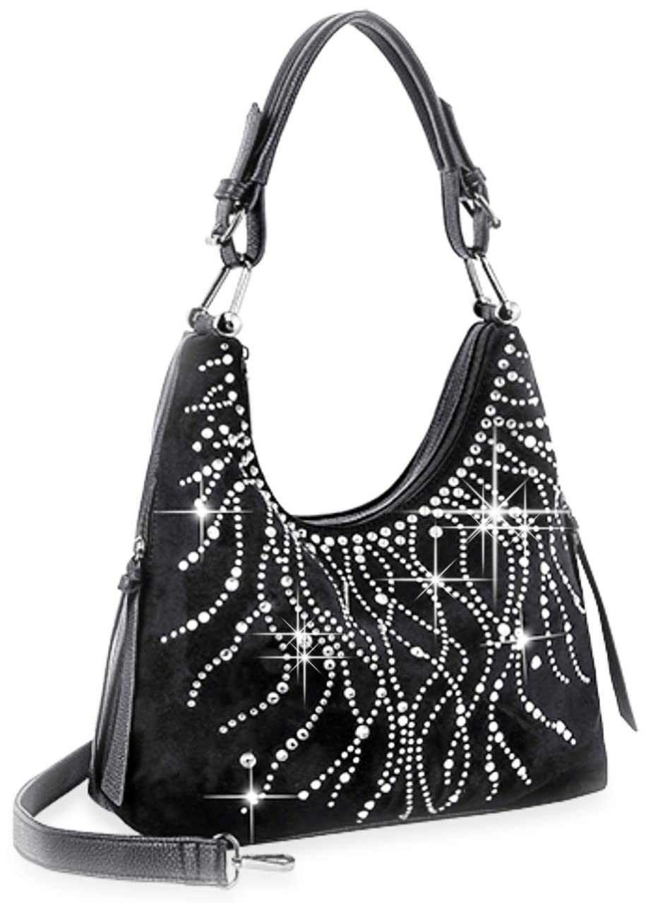 Zzfab Artistic Rhinestone Fringe Pattern Large Gem Hobo Black
