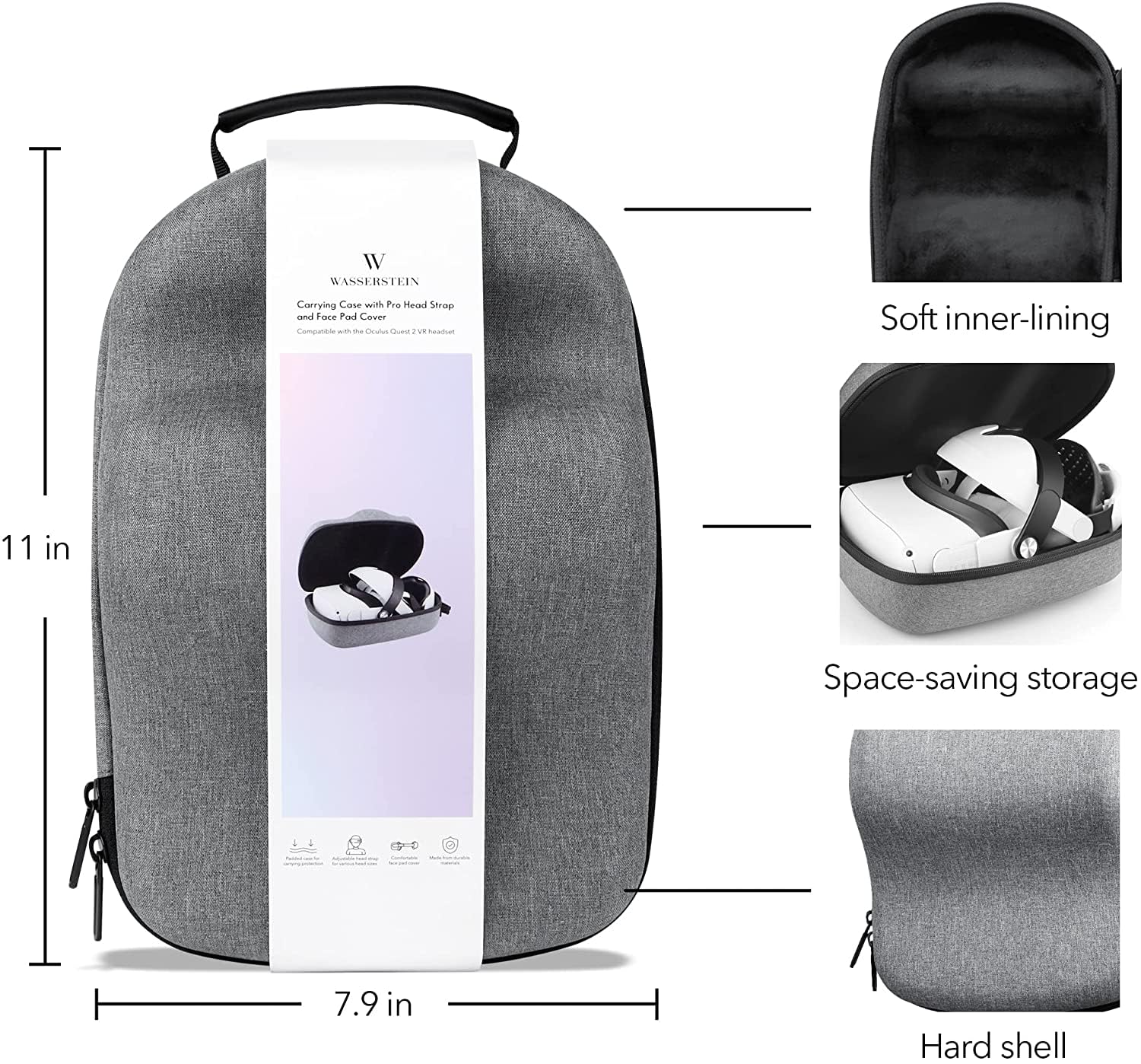 Wasserstein VR Headset Carrying Case, Head Strap, and Face Cover Bundle - Gaming Accessories Compatible with Meta/Oculus Quest 2