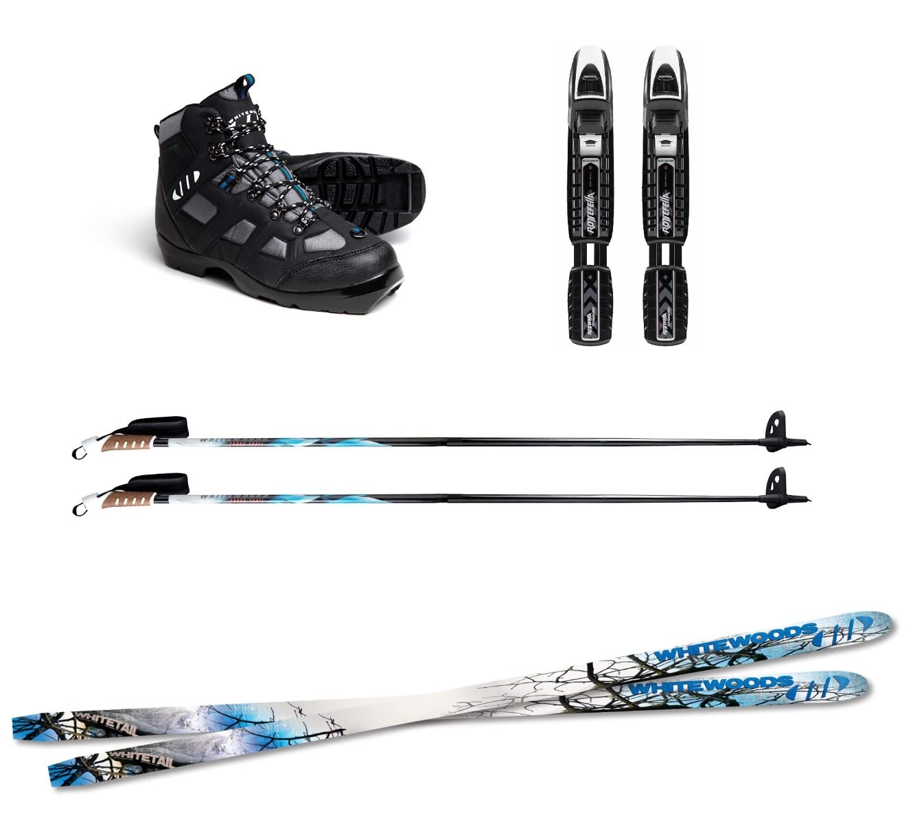 Whitewoods Whitetail Adult Metal Edge Backcountry Cross Country NNNBC Ski Package: Skis, Bindings, Boots, Poles (180 cm Skis, EU Boot Size: 48)