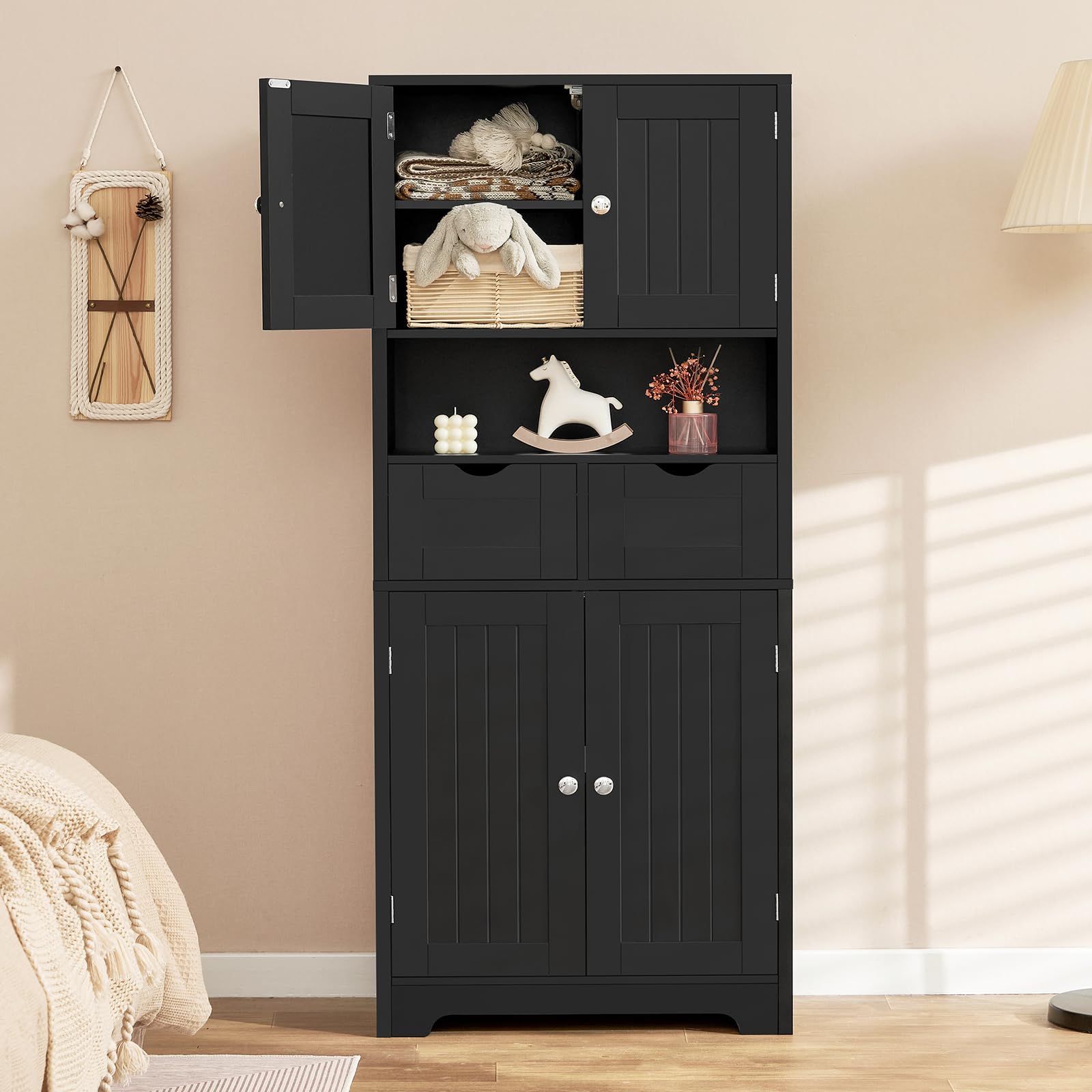 Quimoo Tall Storage Cabinet, Bathroom Cabinet with Drawers & Adjustable Shelves, Bathroom Storage Cabinet for Living Room, Kitchen, Black