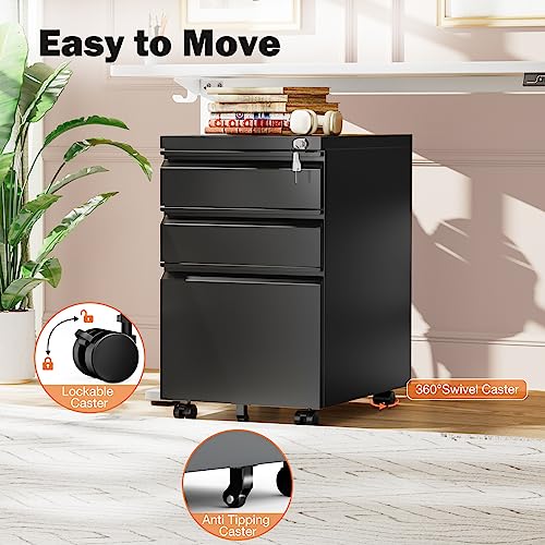Sweetcrispy File Cabinet - 3 Drawer File Cabinet with Lock, Mobile Rolling File Cabinet, Under Desk File Cabinet with Pre-Assembled, Metal Small File Cabinet for Home Office