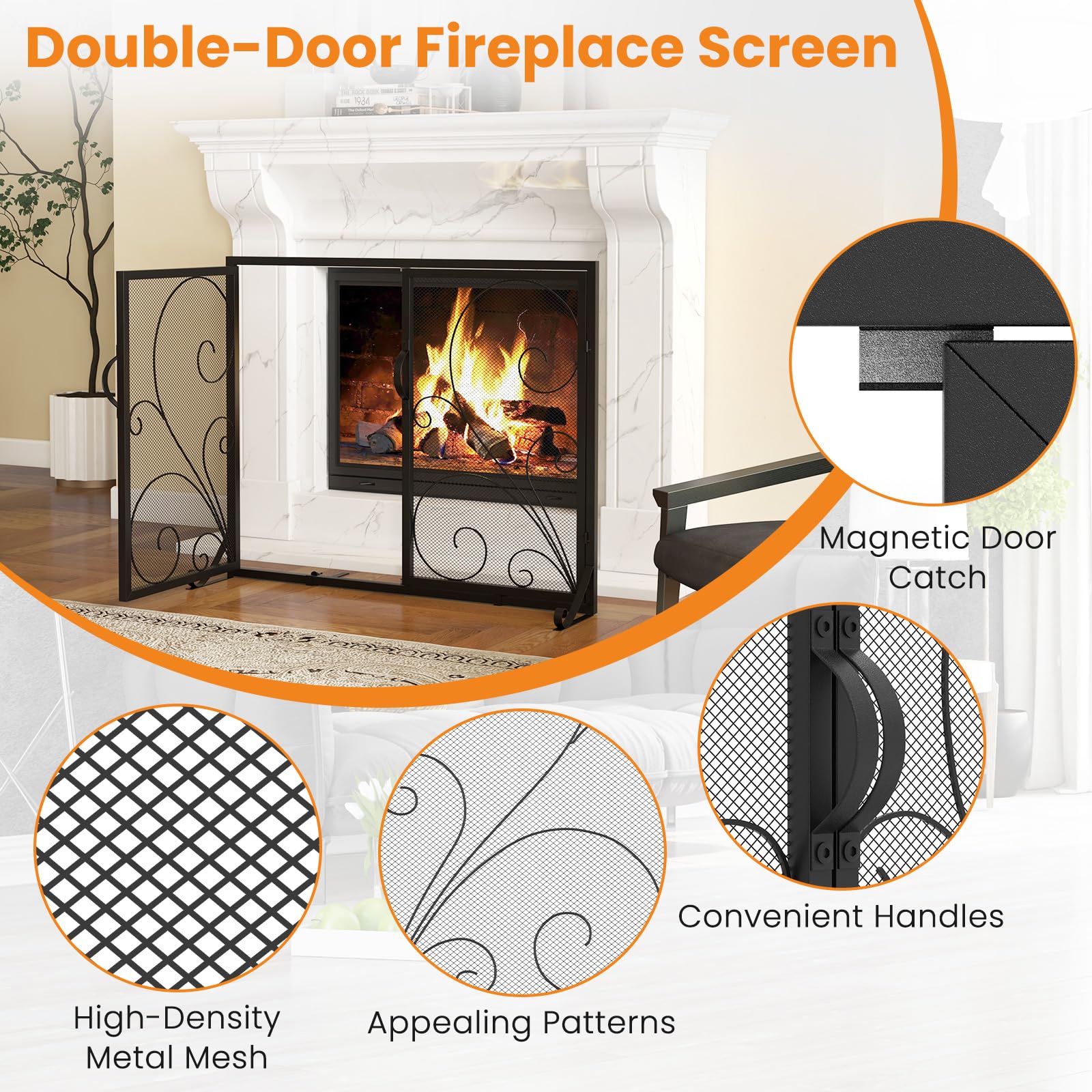 Tangkula Fireplace Screen, Firelpace Gate with Hinged Two-Doors, Wrought Iron Mesh, Steel Crest Fireplace Screen with Wrought Iron, Baby Safe Spark Guard Protector