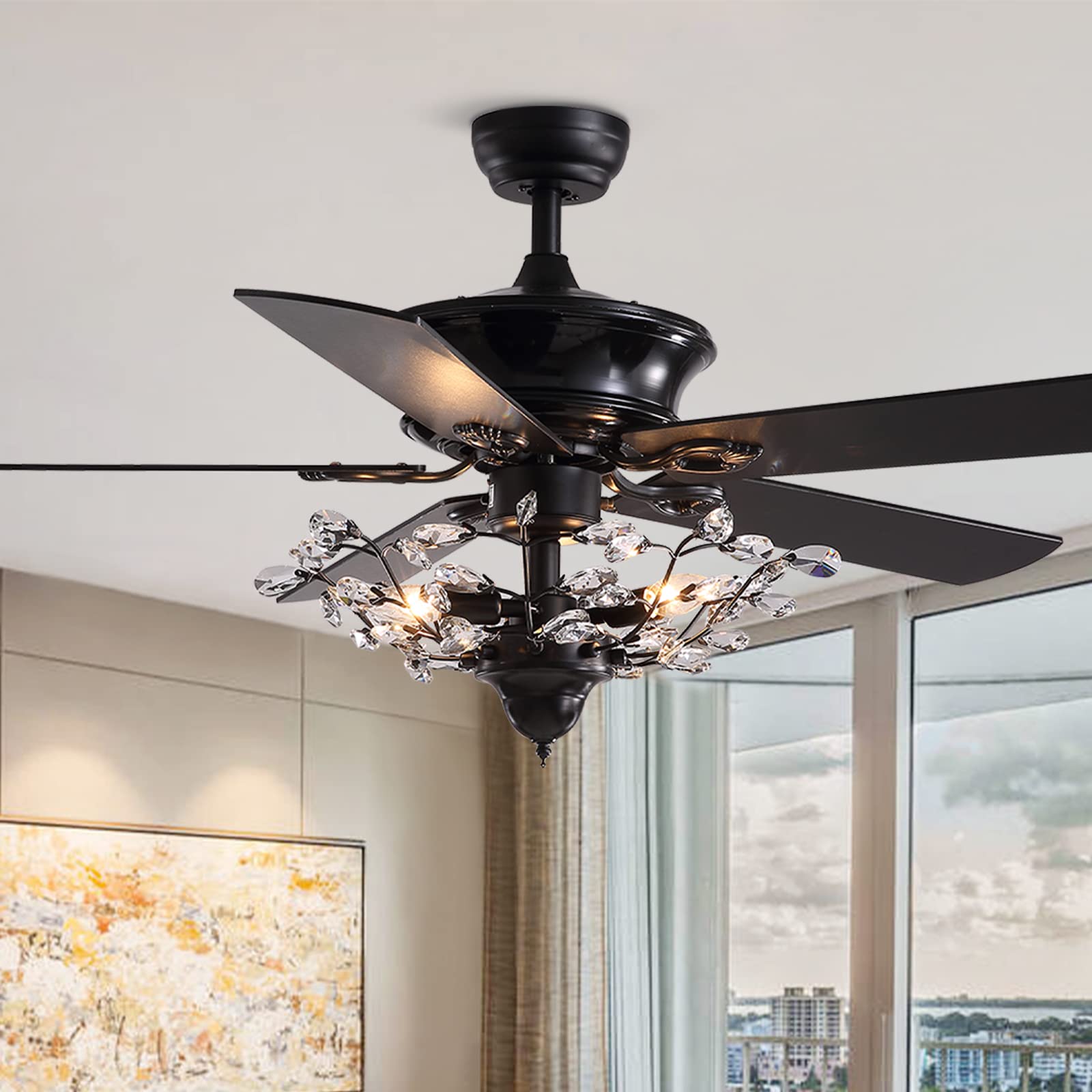 Siljoy 50" Reversible Crystal Ceiling Fan with Lights, Black Branches Ceiling Fan, 5 Wood Blades, Remote Control, Elegant Vintage Indoor Chandelier Fan Light Kit for Bedroom Dining Room