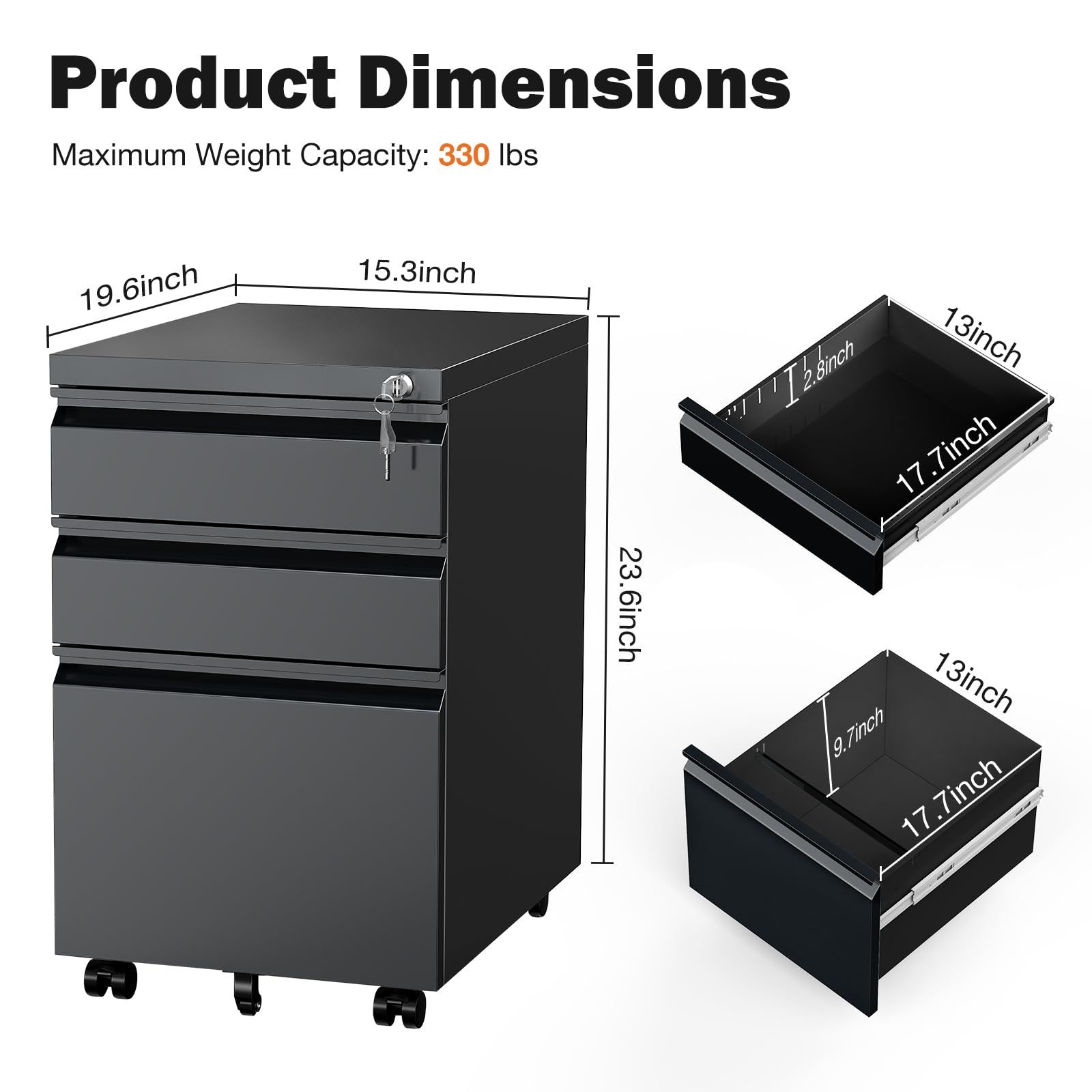 Sweetcrispy File Cabinet - 3 Drawer Locking Metal Mobile Rolling Filing Cabinet, Wheels & Pre-Assembled Under Desk Storage A4/Letter/Legal Home Office Small File Cabinet - Black