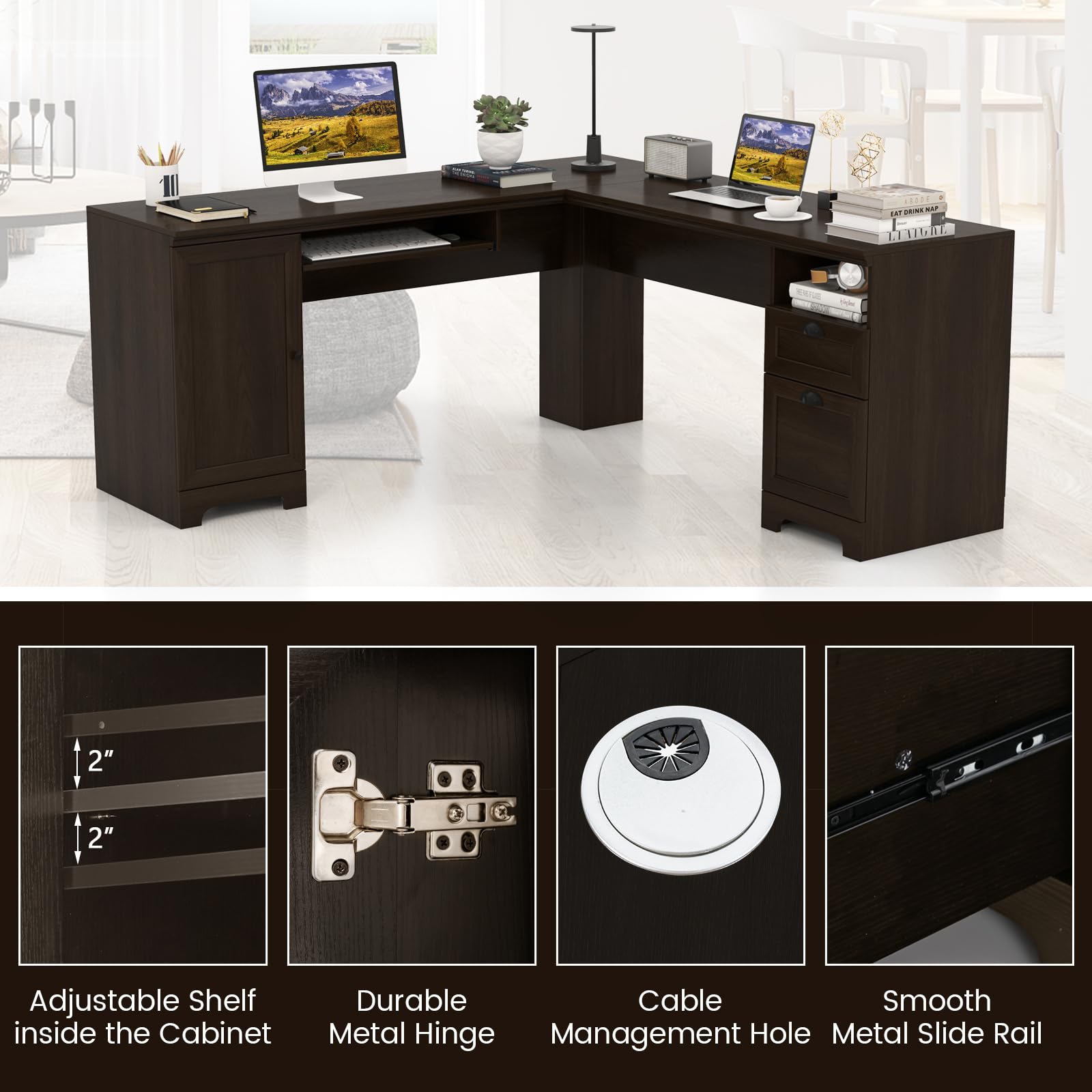 Tangkula L-Shaped Desk, 66" × 66" Corner Computer Desk with Drawers and Storage Shelf, Home Office Desk, Sturdy and Space-Saving Computer Workstation, Black