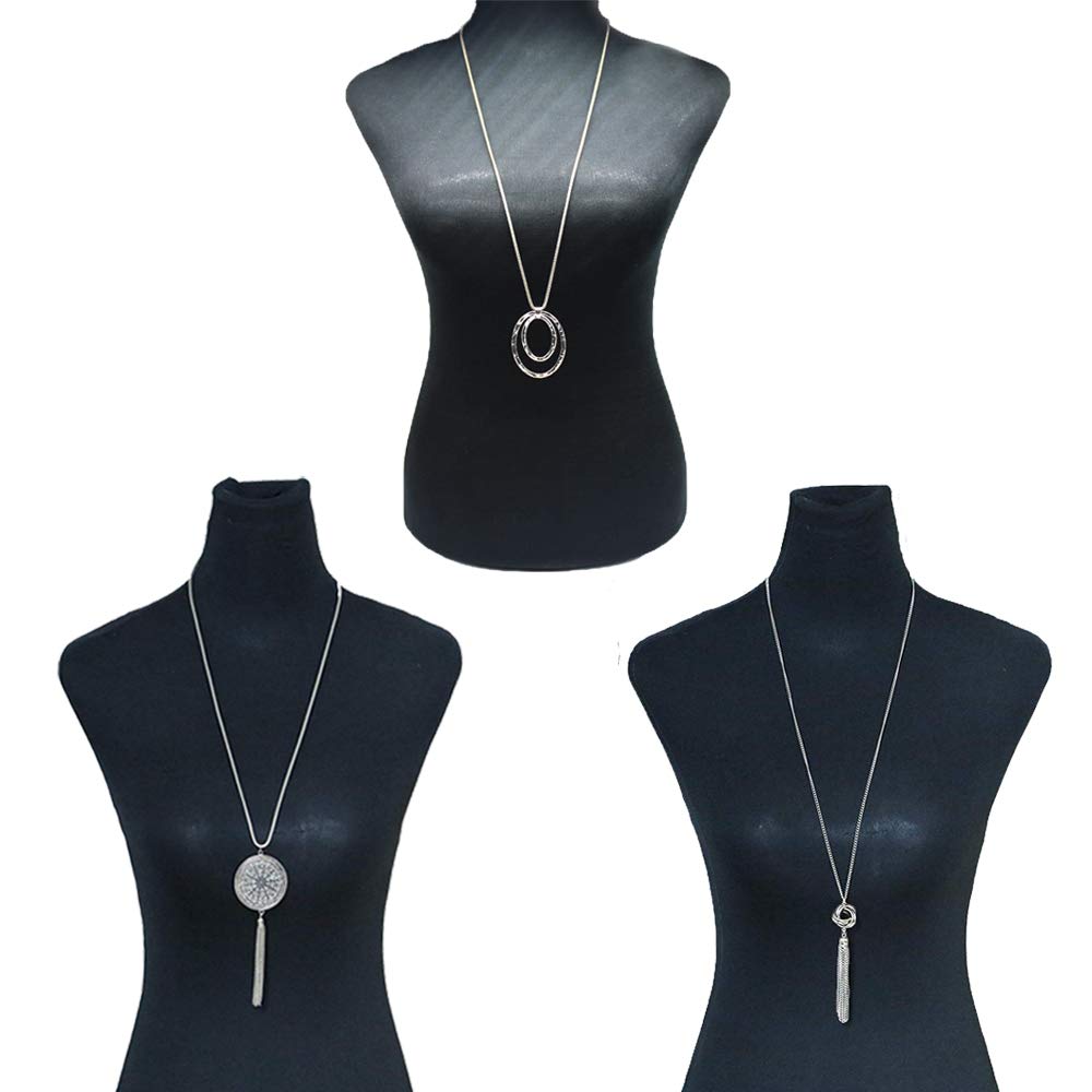 SEVENSTONE 3PCS Long Pendant Necklaces for Women Knot Disk Circle Tassel Statement Sweater Silver Necklace Set