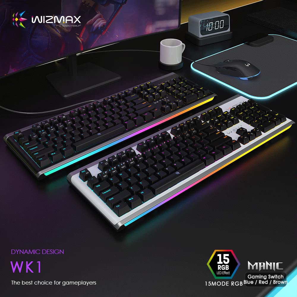 WIZMAX, WK1 PC Gaming Keyboard, USB Wired RGB Mechanical Gaming Keyboard - Customize LED Mode, Red Linear Manic Switch, High-End Aluminum Backplate for Windows PC Gamers [Black]