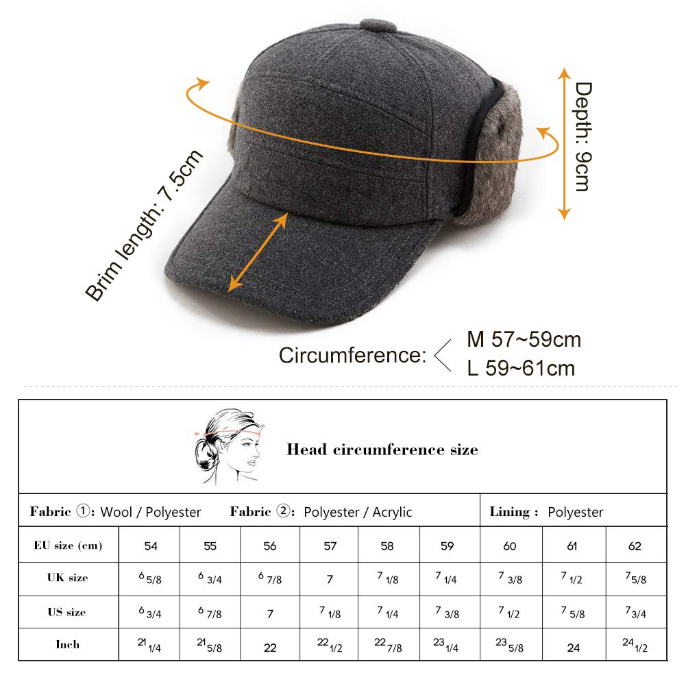 SIGGI Mens Wool Winter Visor Baseball Cap Earflap Hat Faux Fur Ear Warmer Large Black