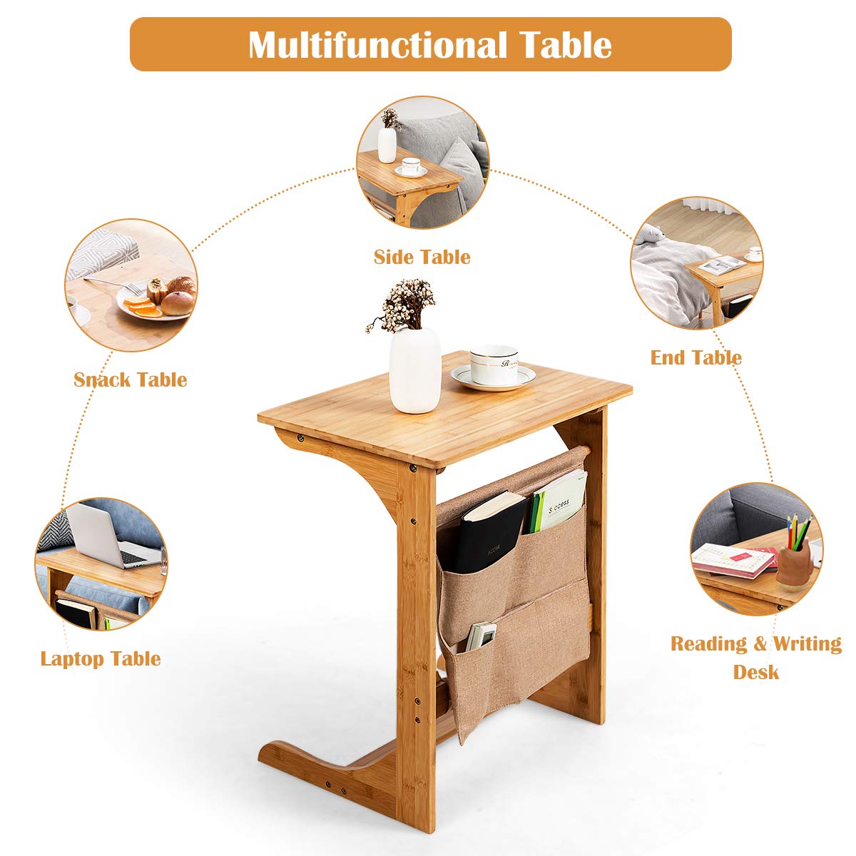Tangkula Sofa Side Table, TV Tray Couch Snack Table Overbed Table, Laptop Desk End Table Modern Furniture for Home Office