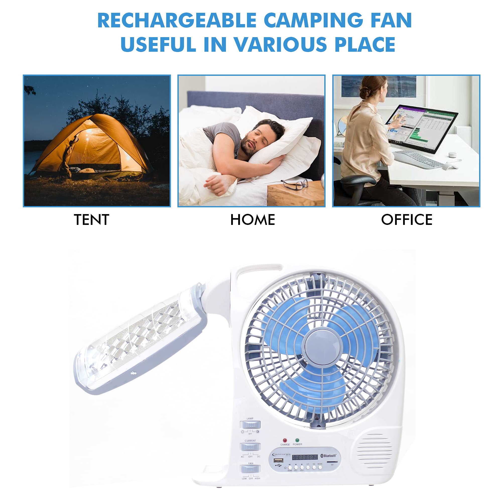 Technical Pro 3-in-1 Portable Rechargeable 8" Camping Fan Bundle with Radio Speaker and LED Work Lamp, USB SD ports, 2 Rechargeable Folding Fans Included