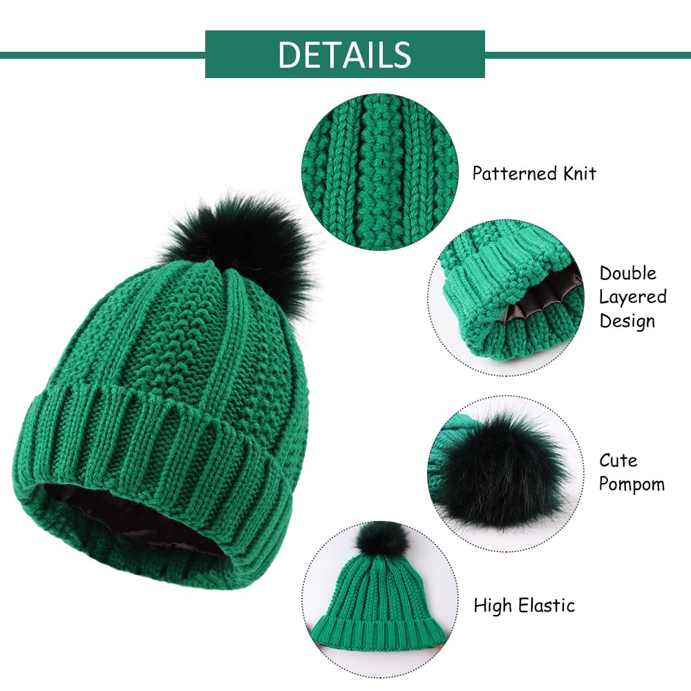 Yuoahcn Women Winter Beanie Hat Satin Lined Winter Hat with Pompom Thick Cuffed Warm Snow Knit Skull Cap (Green)