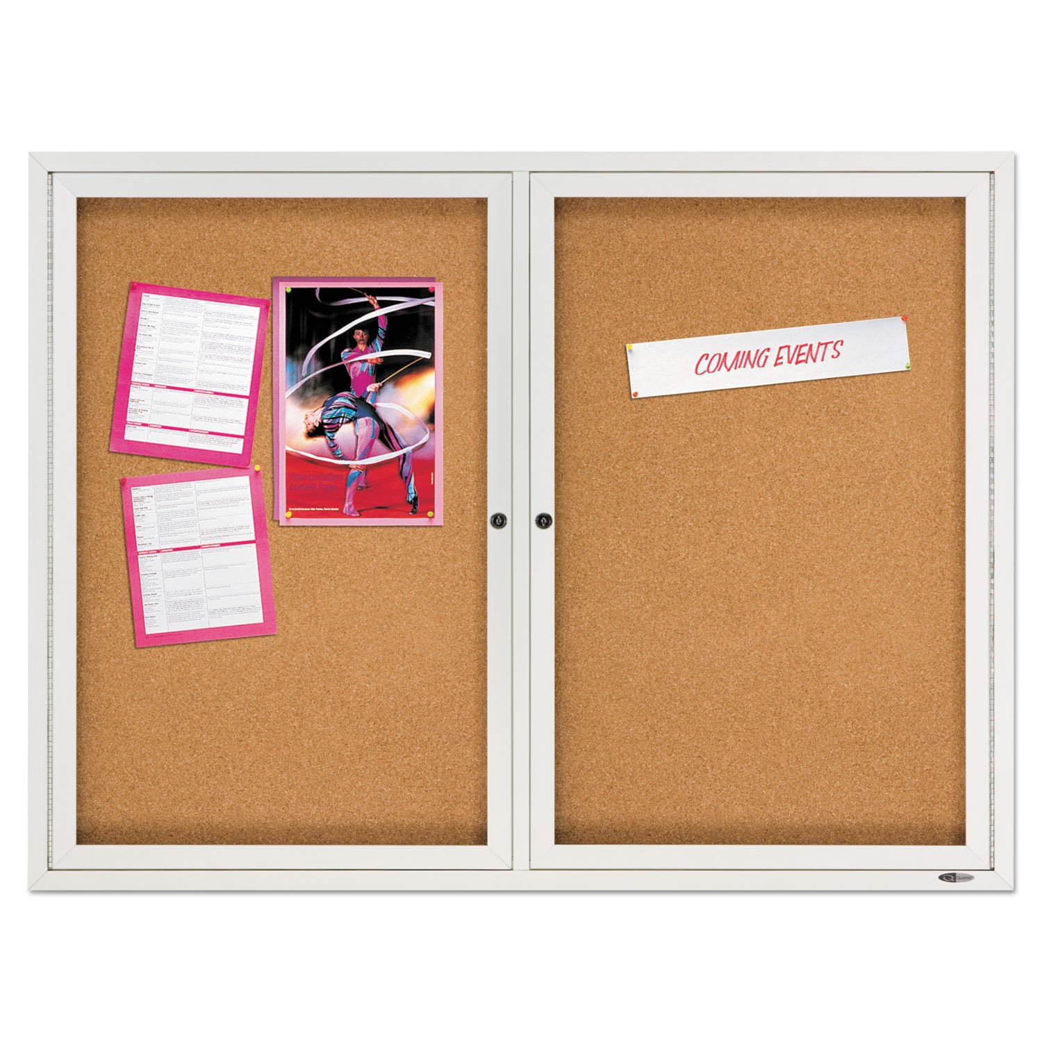 Quartet Cork Bulletin Board, 2 Glass Doors, Enclosed, 4' x 3', Outdoor Message Board, Aluminum Frame (2124)