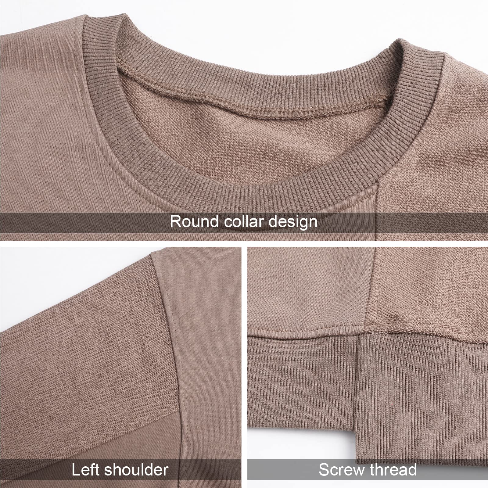 Surenow Mens Patchwork Crewneck Sweatshirt Long-Sleeve Lightweight Terry Sweatshirt Casual Workout Pullover Shirt Tops Khaki