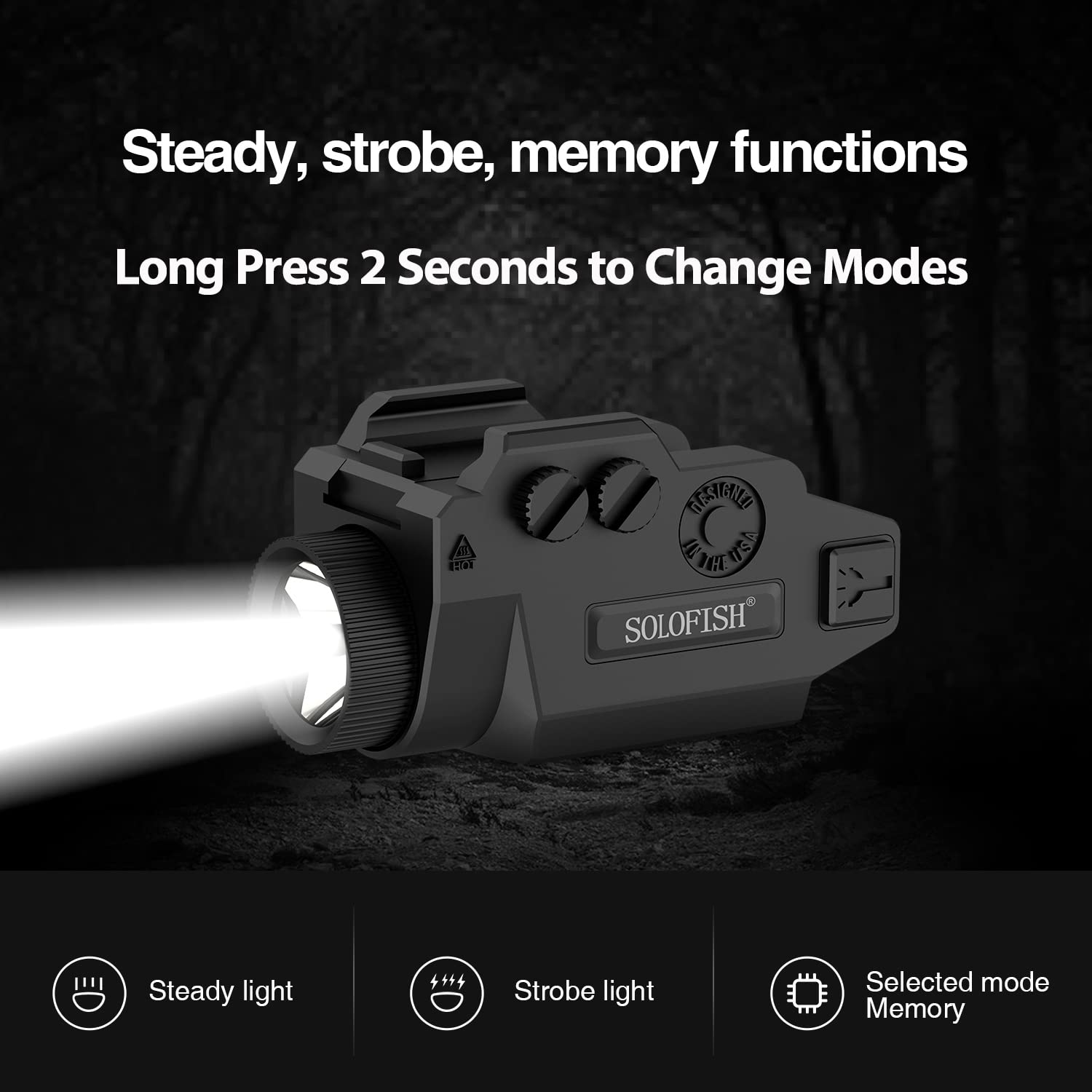 Solofish 650 Lumens Pistol Light with Strobe & Memory, Slidable Tactical Flashlight, Rail-Mounted Gun Light Compatible with Glock Pistols w/Picatinny, Rechargeable