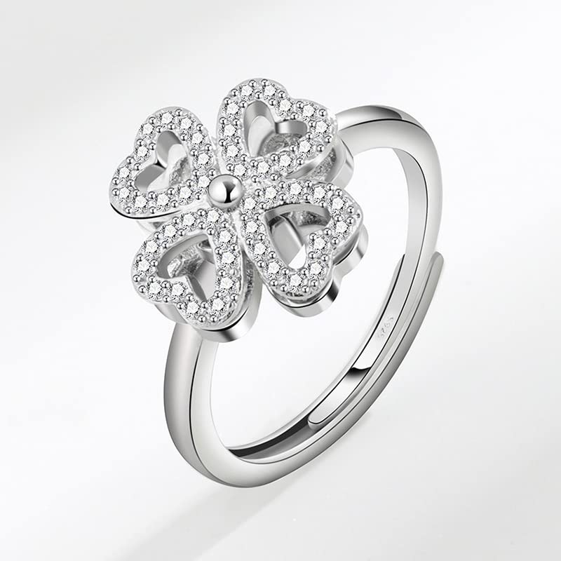 YJZON Anxiety Ring for Women,925 Sterling Silver Adjustable Ring,Fidget Rings Four-leaf Clover Spinner Ring with Jewelry Gift Box