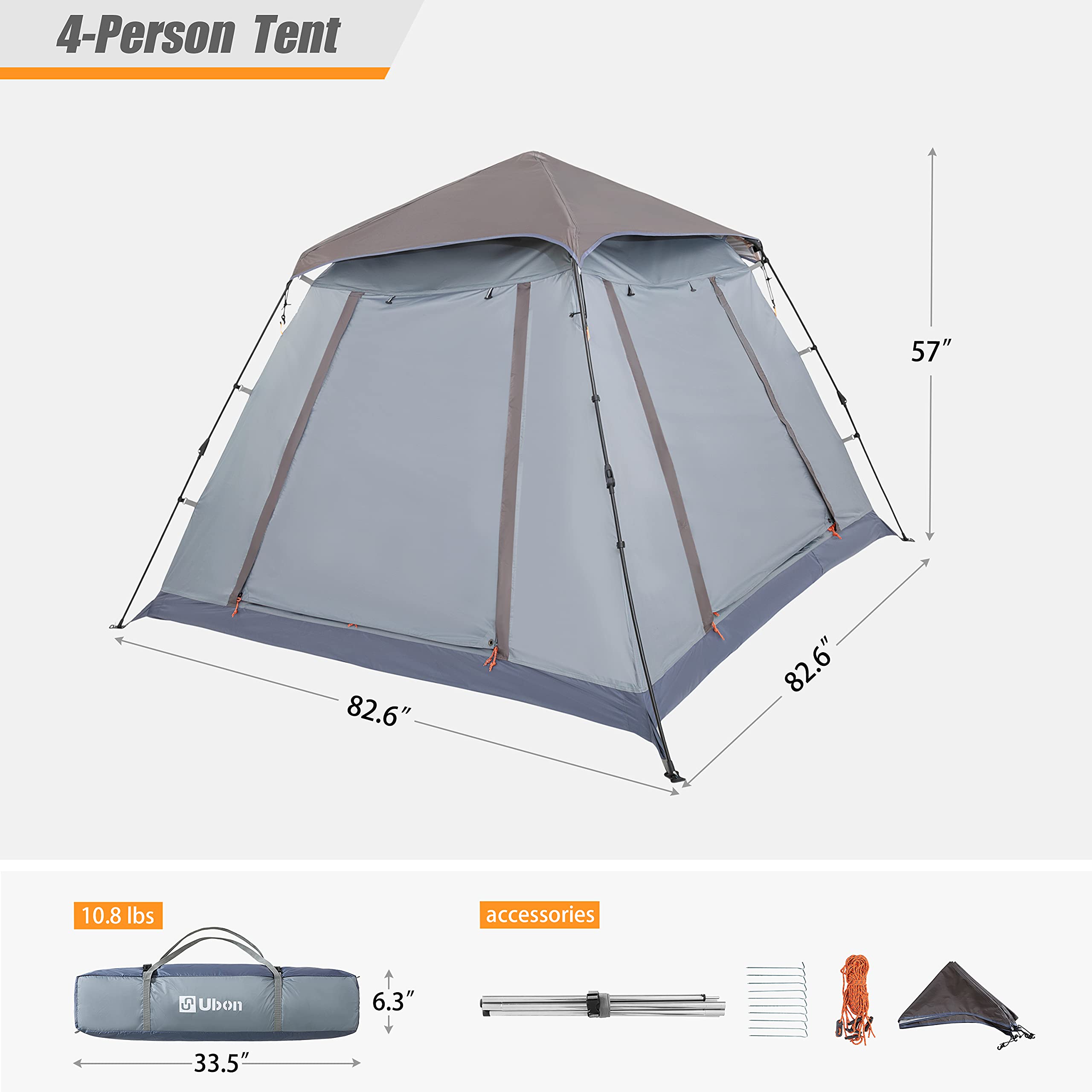 Ubon 4 Person Lightweight Camping Tent Easy Setup Large Cabin Tent Water Resistant Instant Tent with Sun Shade for Outdoor Hiking Four Large Mesh Windows for Optimized Ventilation -Gray