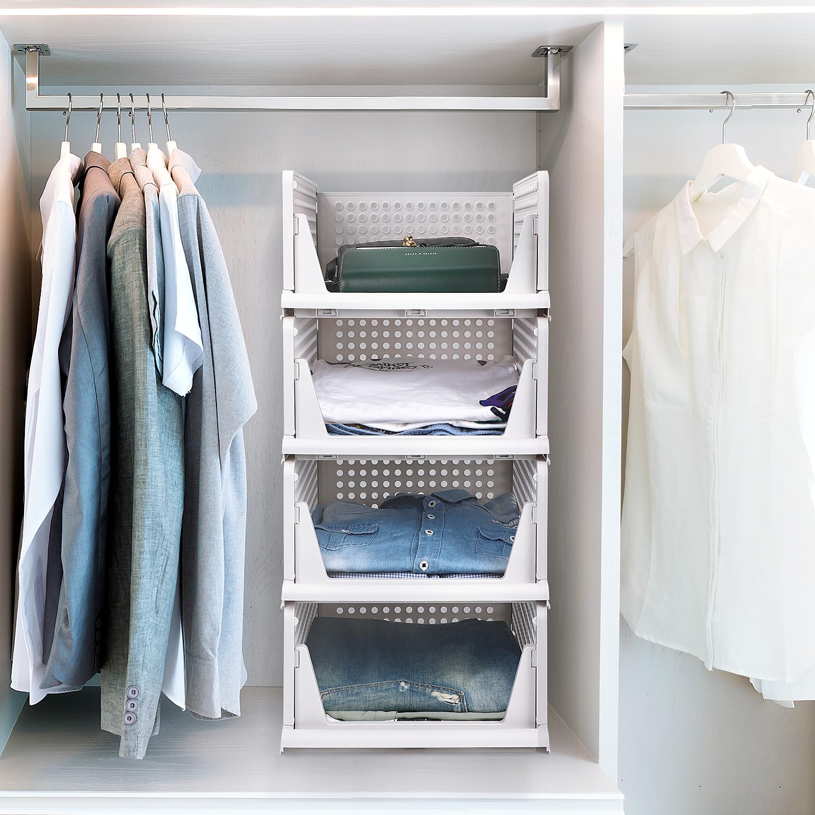 SEHERTIWY Stackable Closet Storage Baskets, 4 Packs Plastic Closet Organizers and Storage Containers Bins, Foldable Closet Shelf Drawers for Wardrobe Cupboard Kitchen Bathroom Office