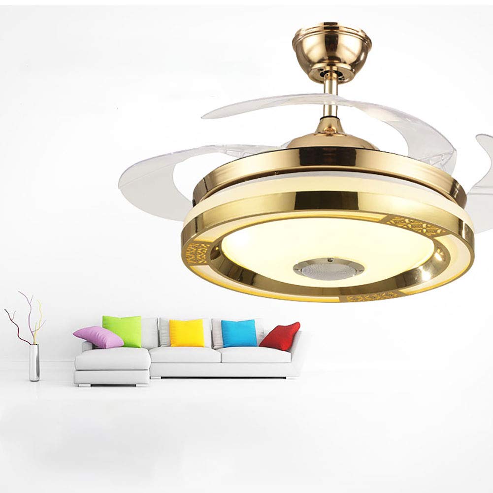 TFCFL 42'' Modern Music Ceiling Fan with Light, Invisible Smart Chandelier Fan with Bluetooth Player Remote Control 4 Retractable Blades 3 Colors for Dining Room Bedroom (Gold)