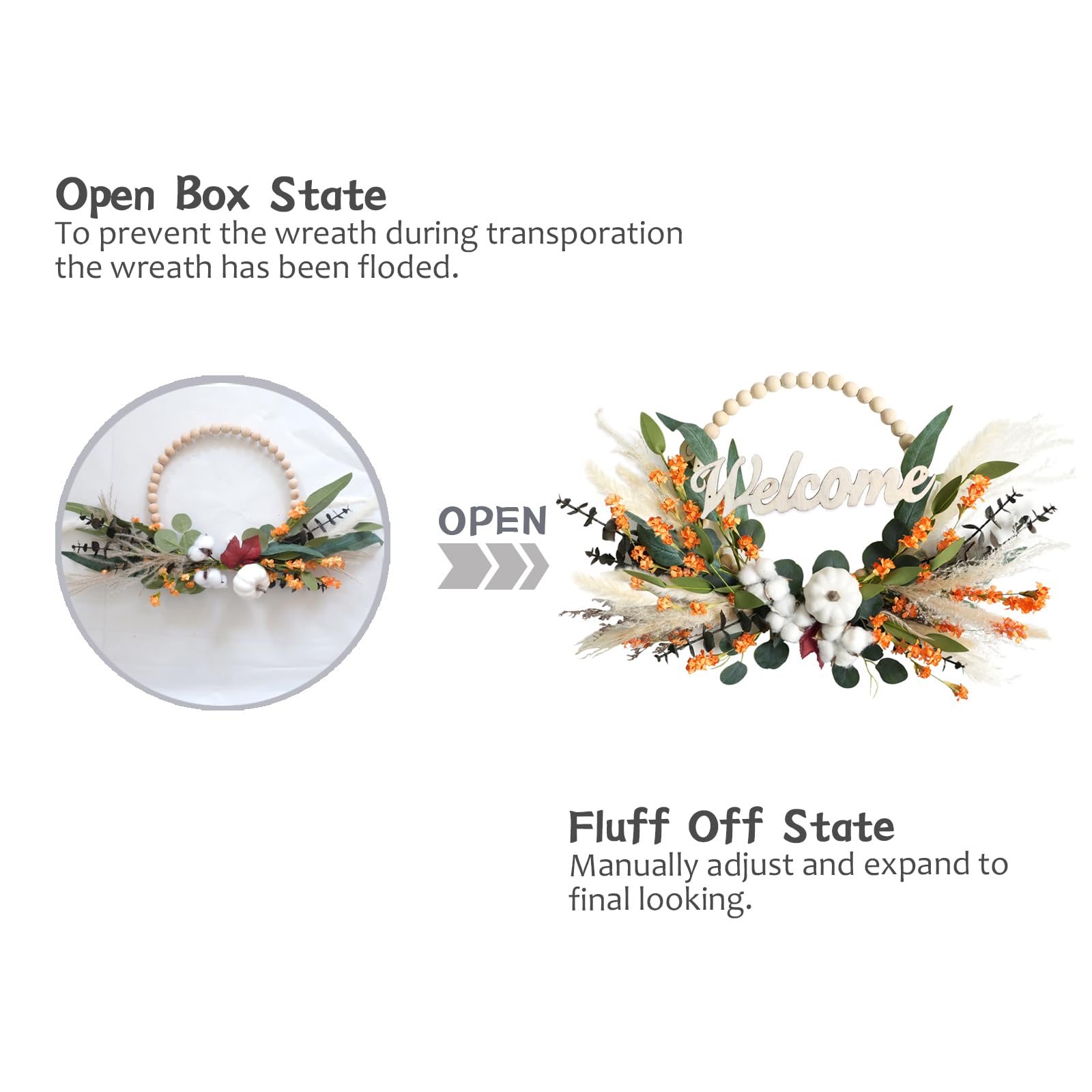 TEMPUS 16" Spring Wooden Bead Wreath Forsythia Pumpkin Wreath with Welcome Sign for Front Door Decorations Farmhouse Decorations