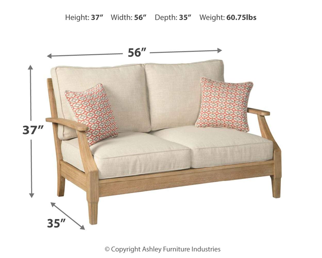 Signature Design by Ashley Clare View Coastal Outdoor Patio Eucalyptus Loveseat with Cushions, Beige