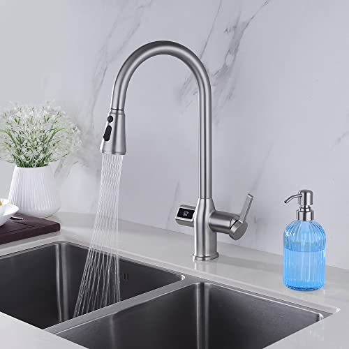 Upgrade Your Kitchen with Our LED Touch On Kitchen Sink Faucet - Temperature Display, 3 Spraying Modes, and Easy DIY Installation - Brushed Nickel Finish