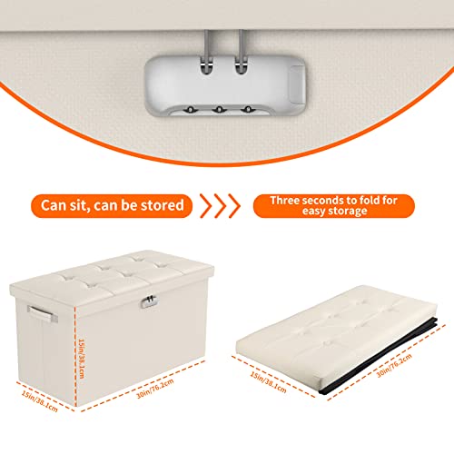Tamfile 30 inches Folding Storage Ottoman with Lock,Fireproof Bedroom Bench with Storage,Beige Footrest with Foam Padded Seat,Ottoman Foot Rest for Bed Room,Storage Chest, Foot Rest Stool