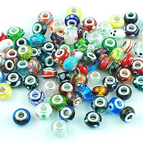 RUBYCA Murano Beads for Jewelry Making Large Hole Glass Beads for European Snake Chain Bracelets Making White Silver Core Lampwork Spacer 50 Pcs Mix