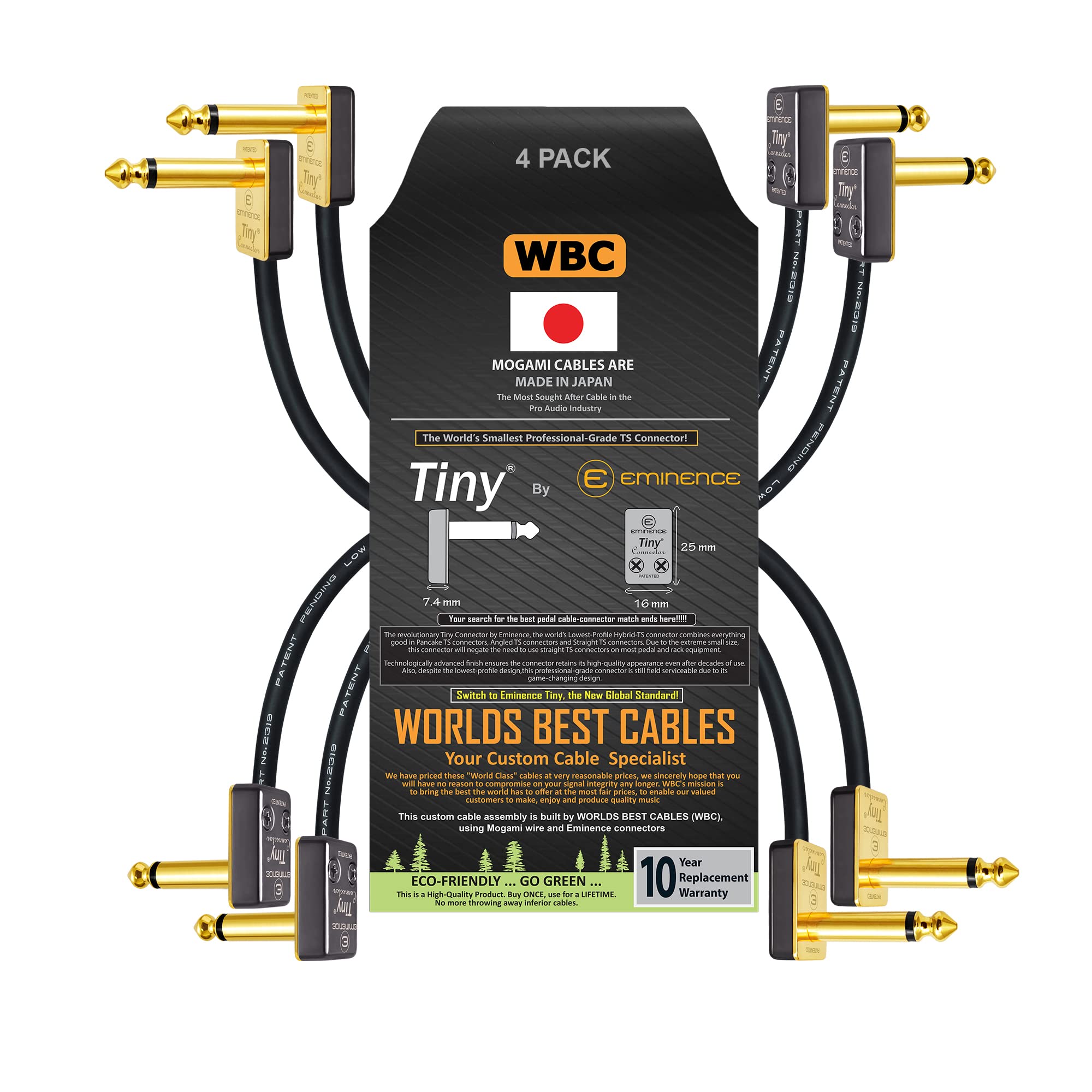 WORLDS BEST CABLES 4 Units - 5 Inch - Pedal, Effects, Patch, instrument cable CUSTOM MADE using Mogami 2319 wire & Eminence Tiny Gold-Plated Angled TS Connectors
