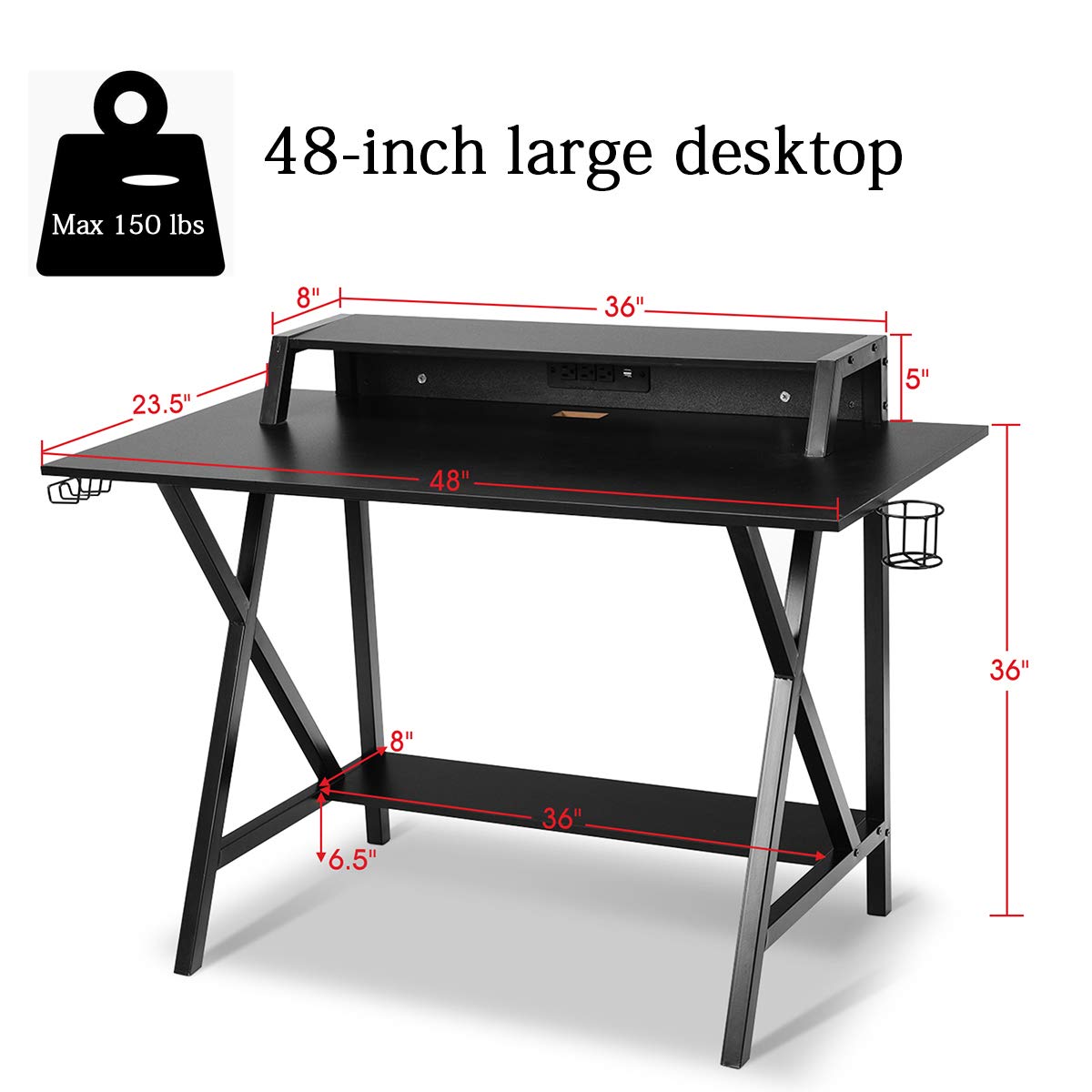 POWERSTONE Gaming Desk - 46” Gaming Computer Desk Office Desk Racing Style PC Gamer Desk Large Writing Workstation Black Home Table