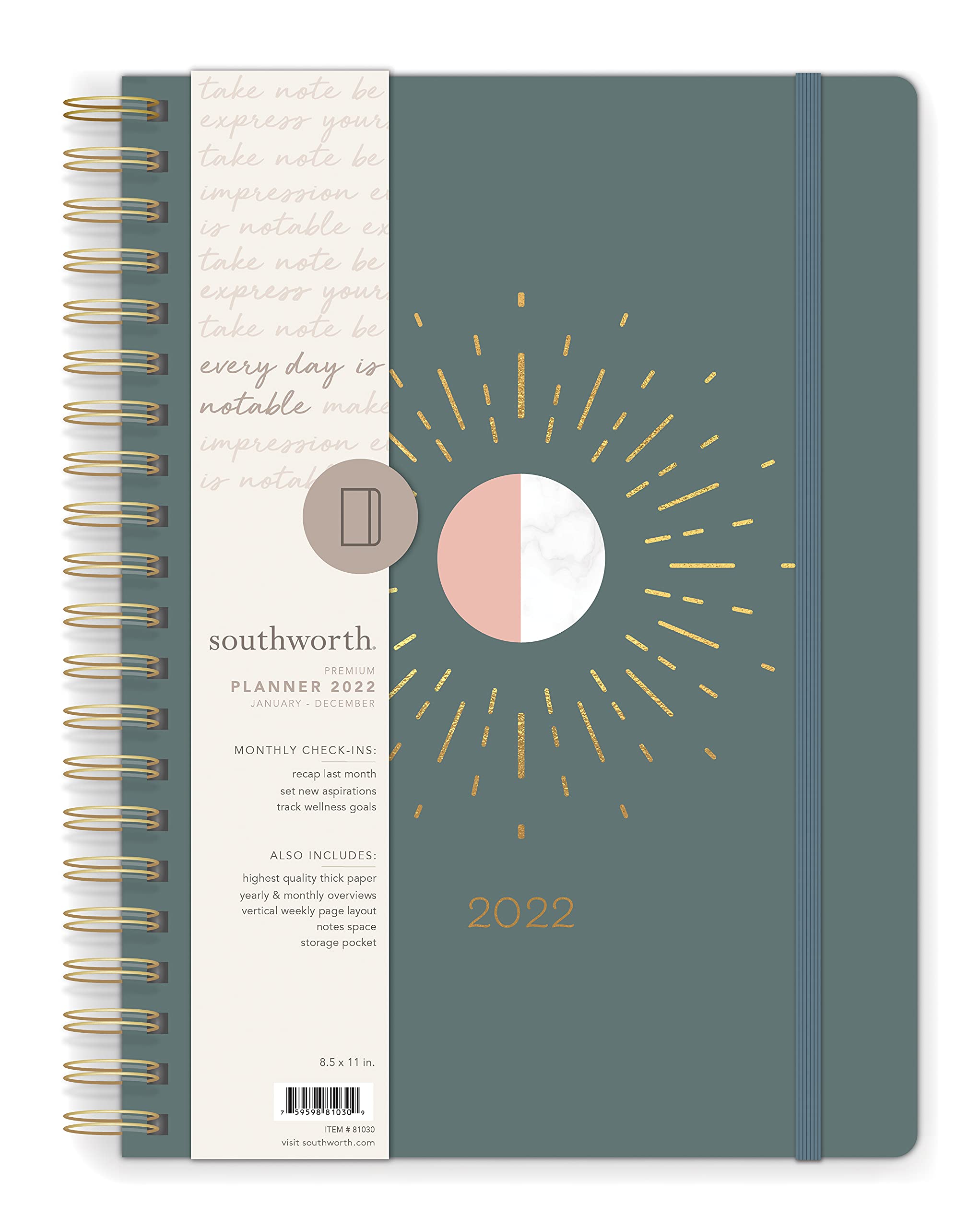 Southworth Planner (January 2022-December 2022), 8.5" x 11", Modern Stone Sunburst, Premium 28#/105 gsm Paper, Large Twin Wire (81030)