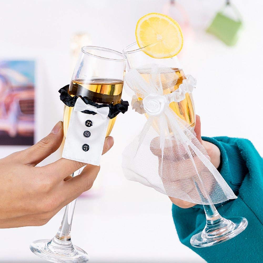 Wedding Wine Bottle Cover Bride Groom Wedding Champagne Glass Cover Decoration Wedding Dress Table Decor Set of 2