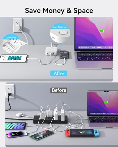 USB C Charger Block, 6 Ports Fast Wall Charger, 130W GaN III Charging Station with PD 45W, Dual PD 20W, 3 USB-A, 3 USB-C, QC, PPS, 6ft Cord, Compatible with iPhone, Galaxy, Pixel, MacBook air White