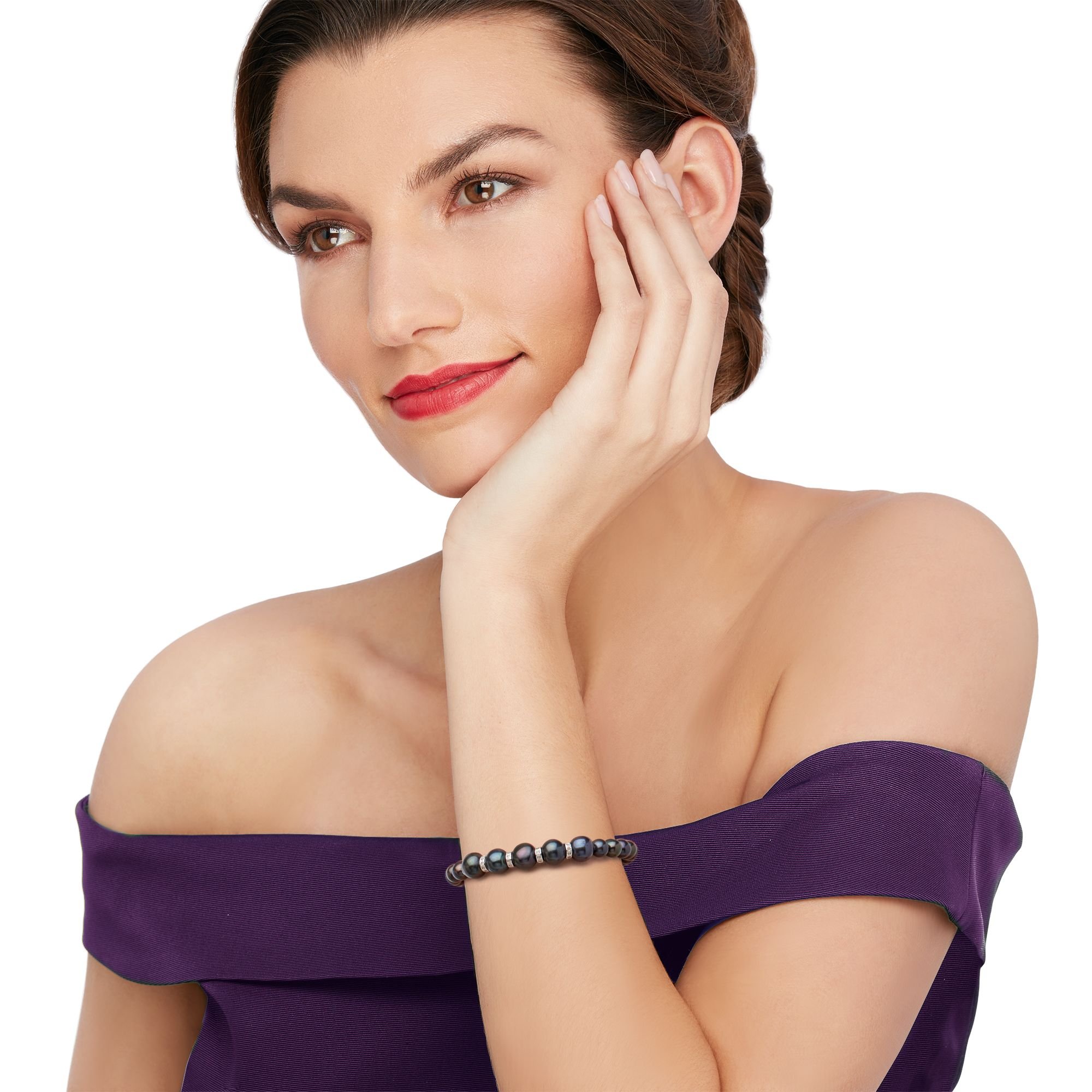 Ross-Simons 6-8.5mm Black Cultured Pearl and .25 ct. t.w. Diamond Stretch Bracelet With Sterling Silver. 7 inches