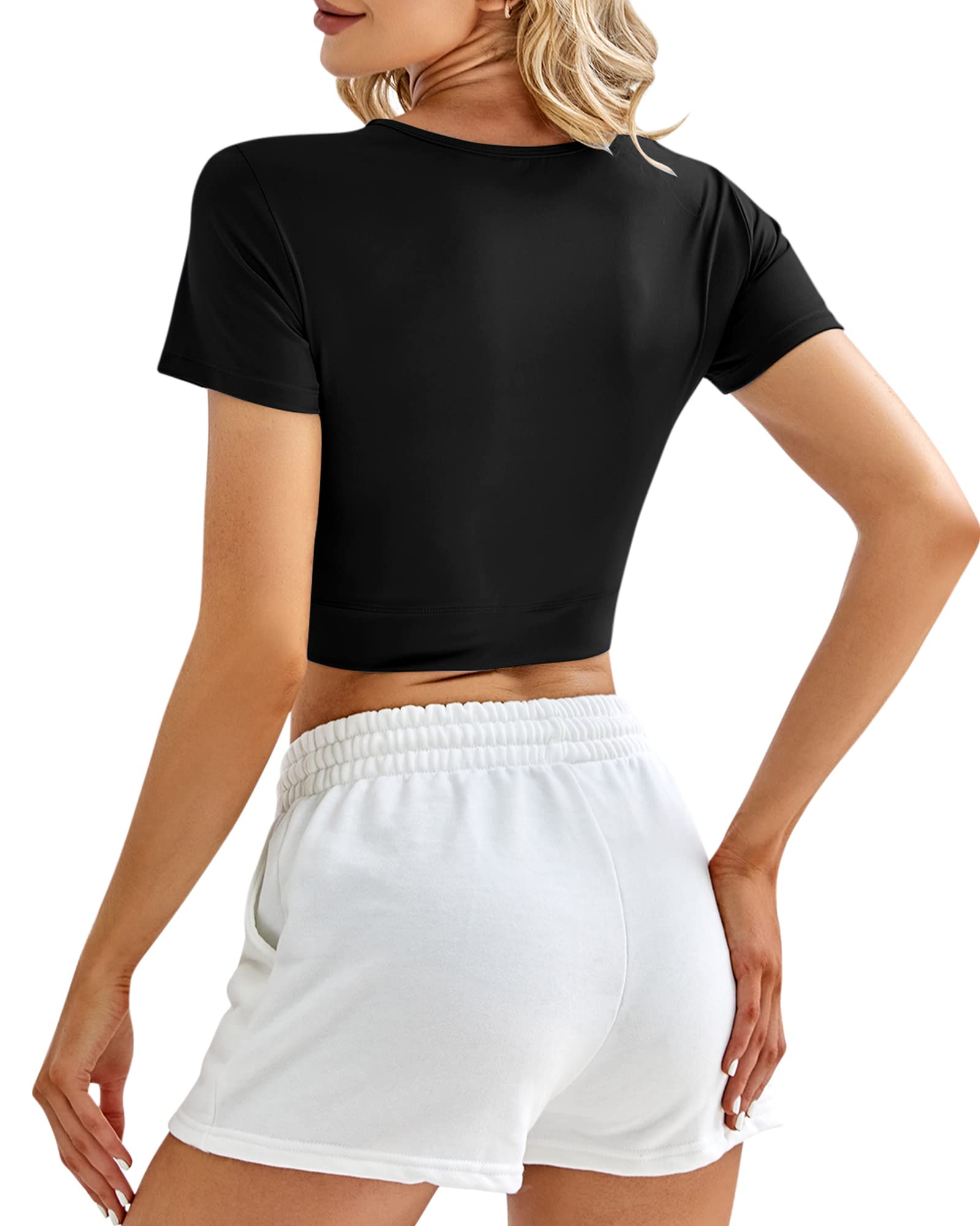 Ywyxhzha Workout Crop Tops for Women Basic Short Sleeve Seamless Crossover Athletic Yoga Shirts (Black,X-Large)