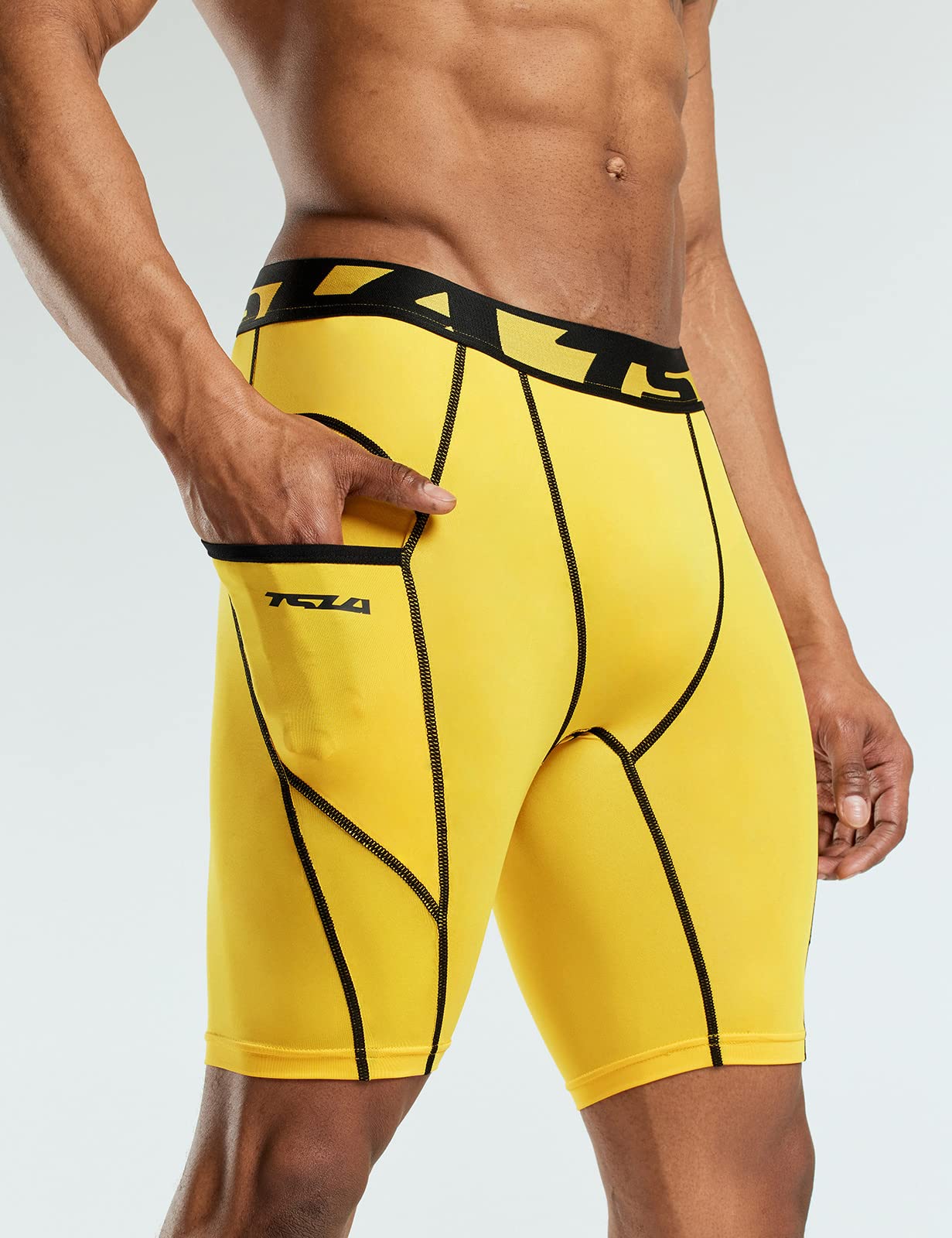 TSLA Men's Athletic Compression Shorts, Sports Performance Active Cool Dry Running Tights, Pocket 3pack Urban Camo Black/Yellow/Brick, Medium