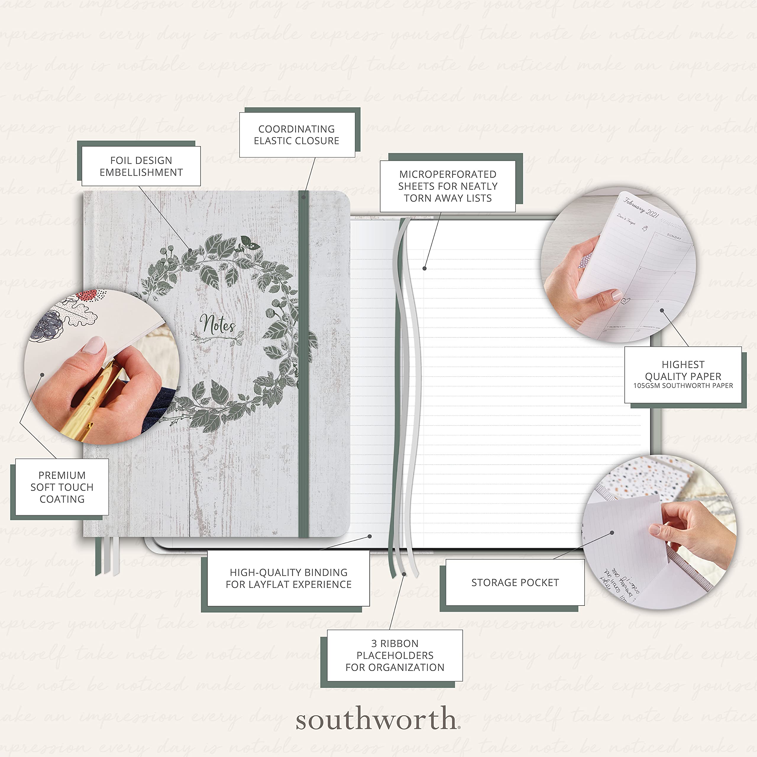 Southworth Premium Journal, 5.5β x 8.25β, Tropical Hibiscus Design, Premium 28lb/105gsm Paper, Medium Book Bound Journal, 3 Ribbon Placeholders, 80 Ruled Sheets/160 Ruled Pages (91932)