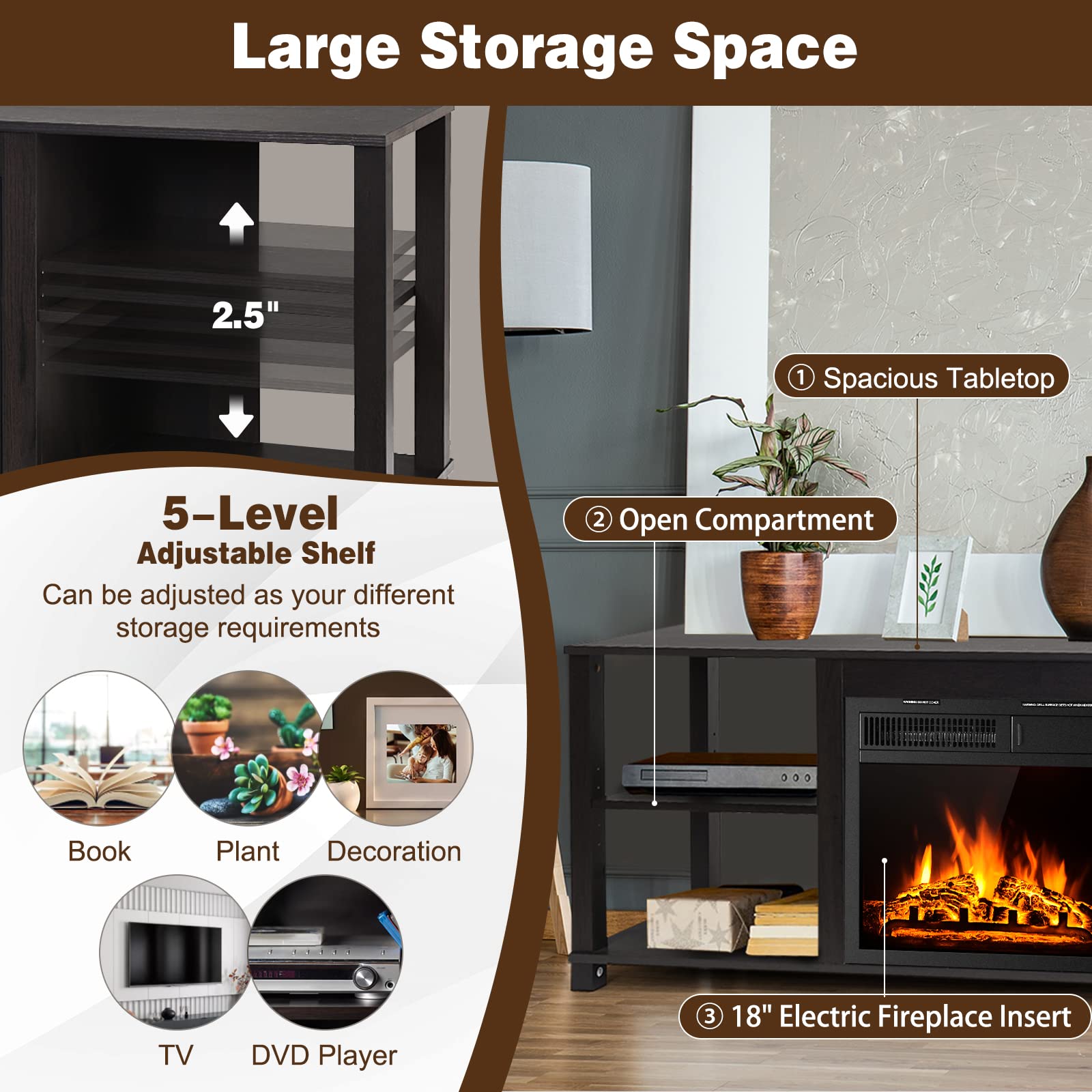 Tangkula Fireplace TV Stand for 65 inches TV, with 18 inches 1500W Recessed Electric Fireplace with 7 Flame Setting & Remote Control,Faux Fireplace TV Stand