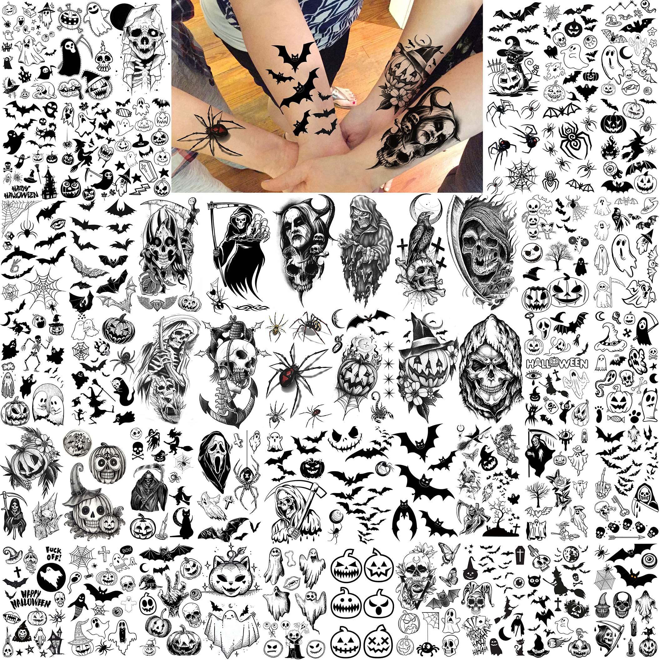 Shegazzi 52 Sheets Halloween Temporary Tattoos For Kids Boys Girls Women Men, 3D Scary Skull Skeleton Fake Tattoos Sticker For Adults, Small Ghost Vampire Bat Pumpkin Spider Temp Transfer Tatoos Devil
