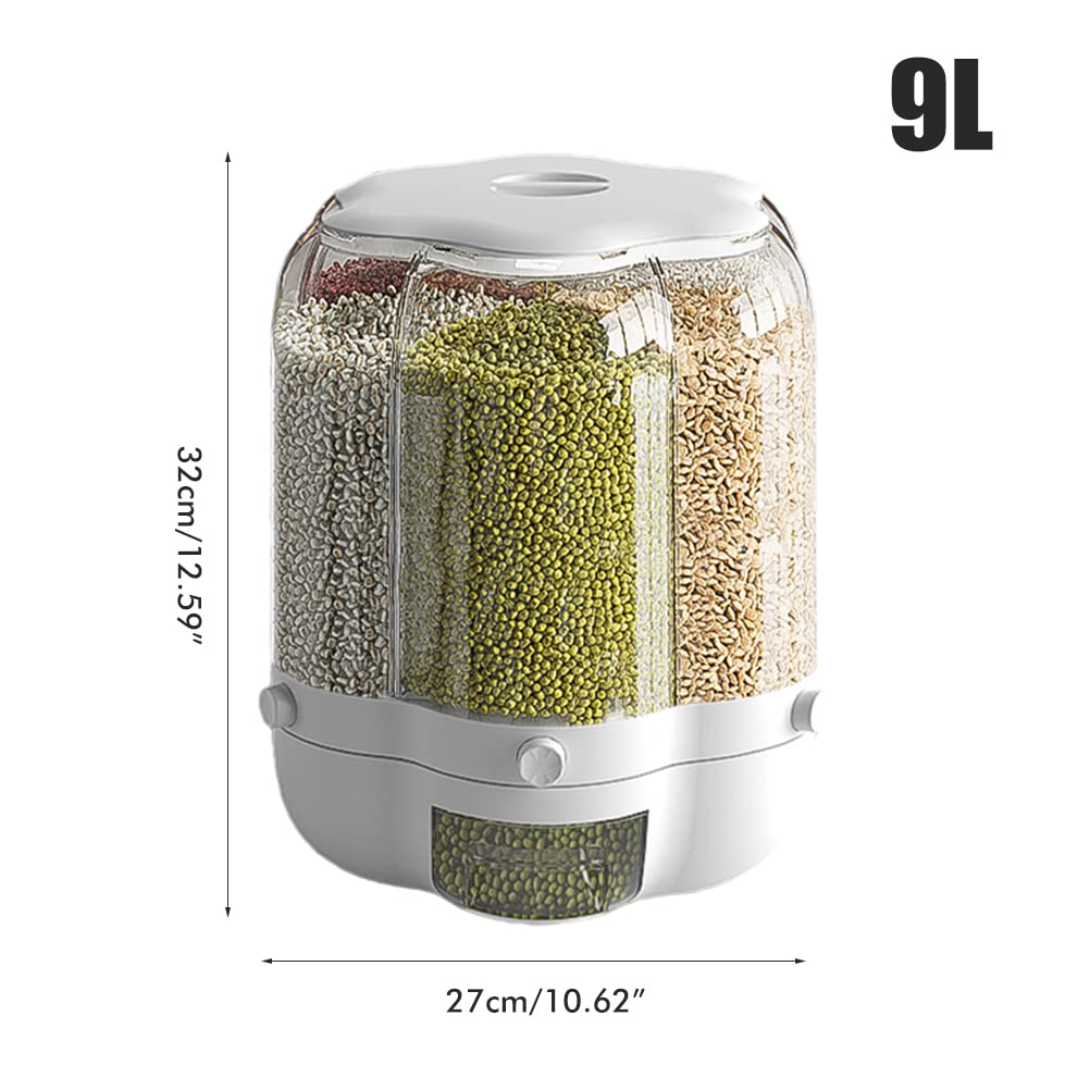 XOYZUU Food Grain Storage Container Large Capacity 9L 6-Grid Rotatable Rice Dispenser Sealed Grain Food Storage Box Kitchen Storage Bucket for Home Kitchen