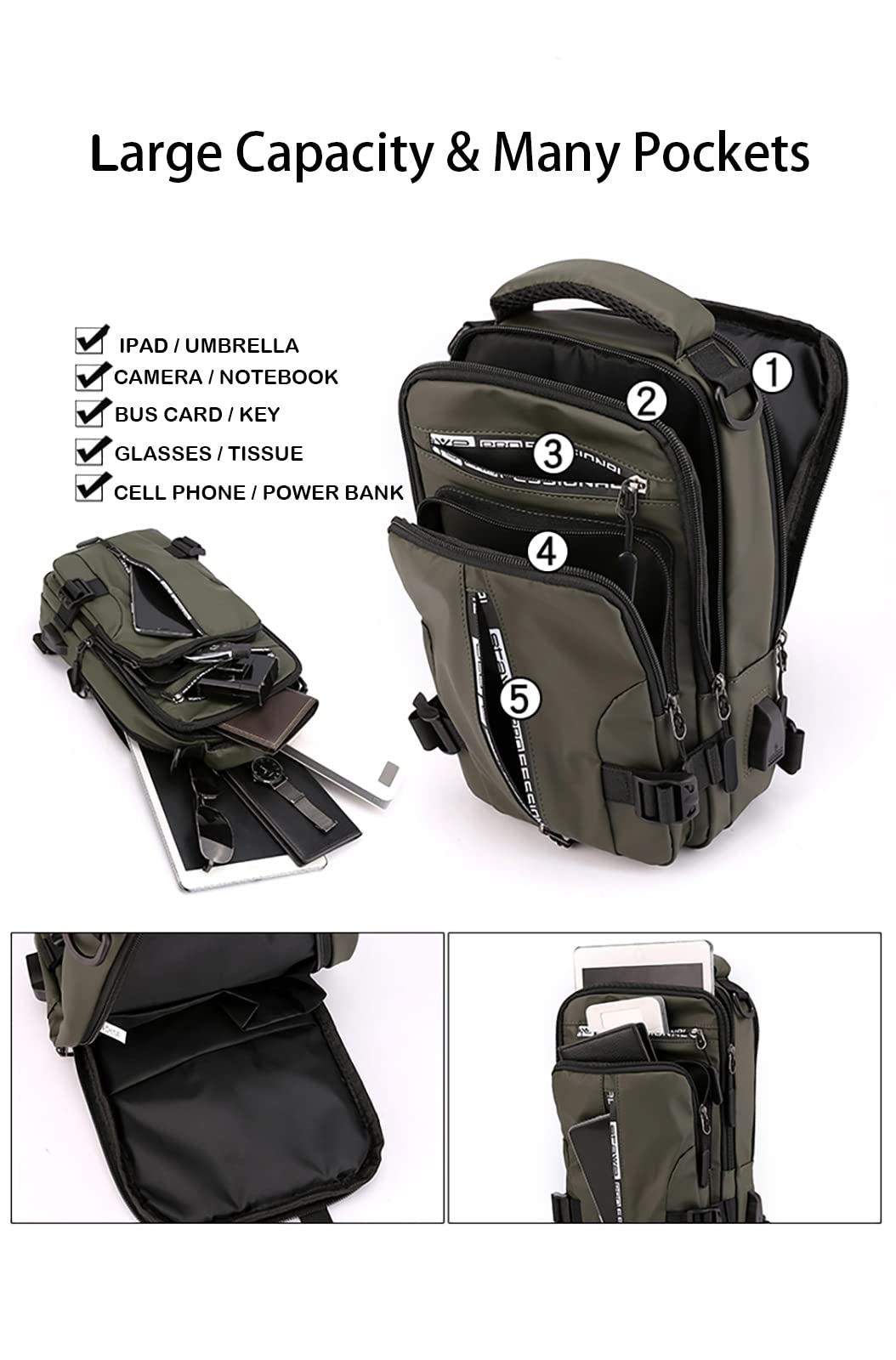 Yoanlayr Sling Backpack Crossbody Shoulder Chest Bag for Men Women Travel Hiking Daypack with USB Cable