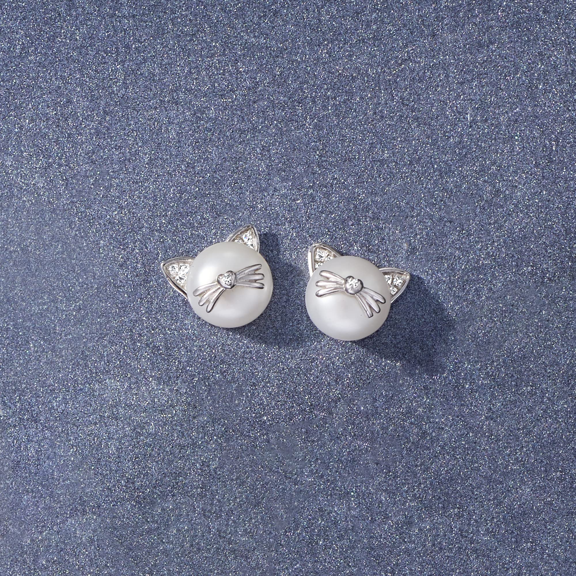 Ross-Simons 8-8.5mm Cultured Pearl Cat Earrings with Diamond Accents in Sterling Silver