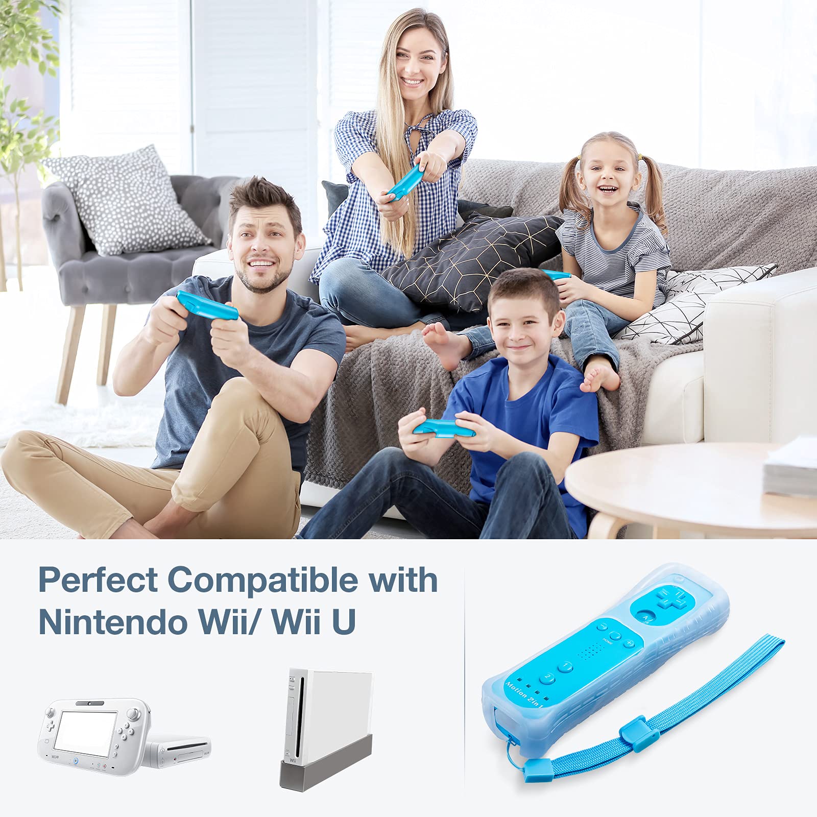 Wii Remote Controller 2 Packs Wireless Wii U Motion Plus Remote Controller with Silicone Protective Case and Wrist Strap Compatible for Nintendo Wii and Wii U (Pink and Blue)